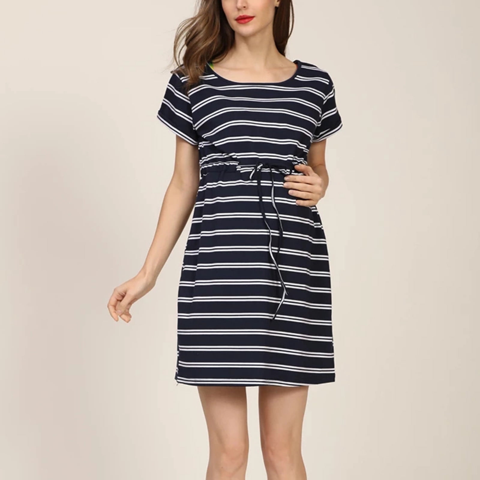 Jinhomg Womens Drawstring Pregnancy Dress Fashion Striped Print Short ...