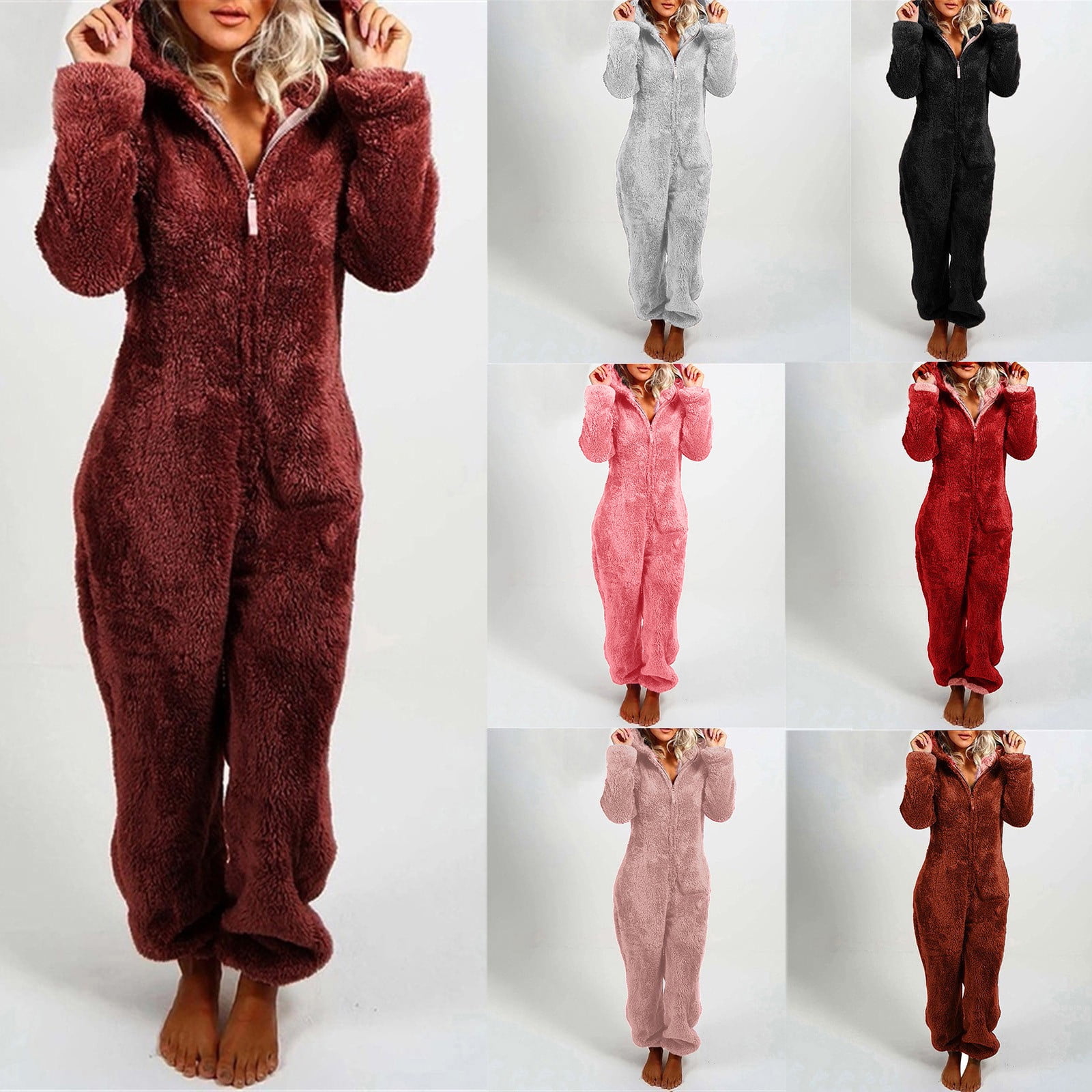 Jinhomg Womens Fleece Romper Plush One-Piece Cute Cat Ear Hooded Pajama ...