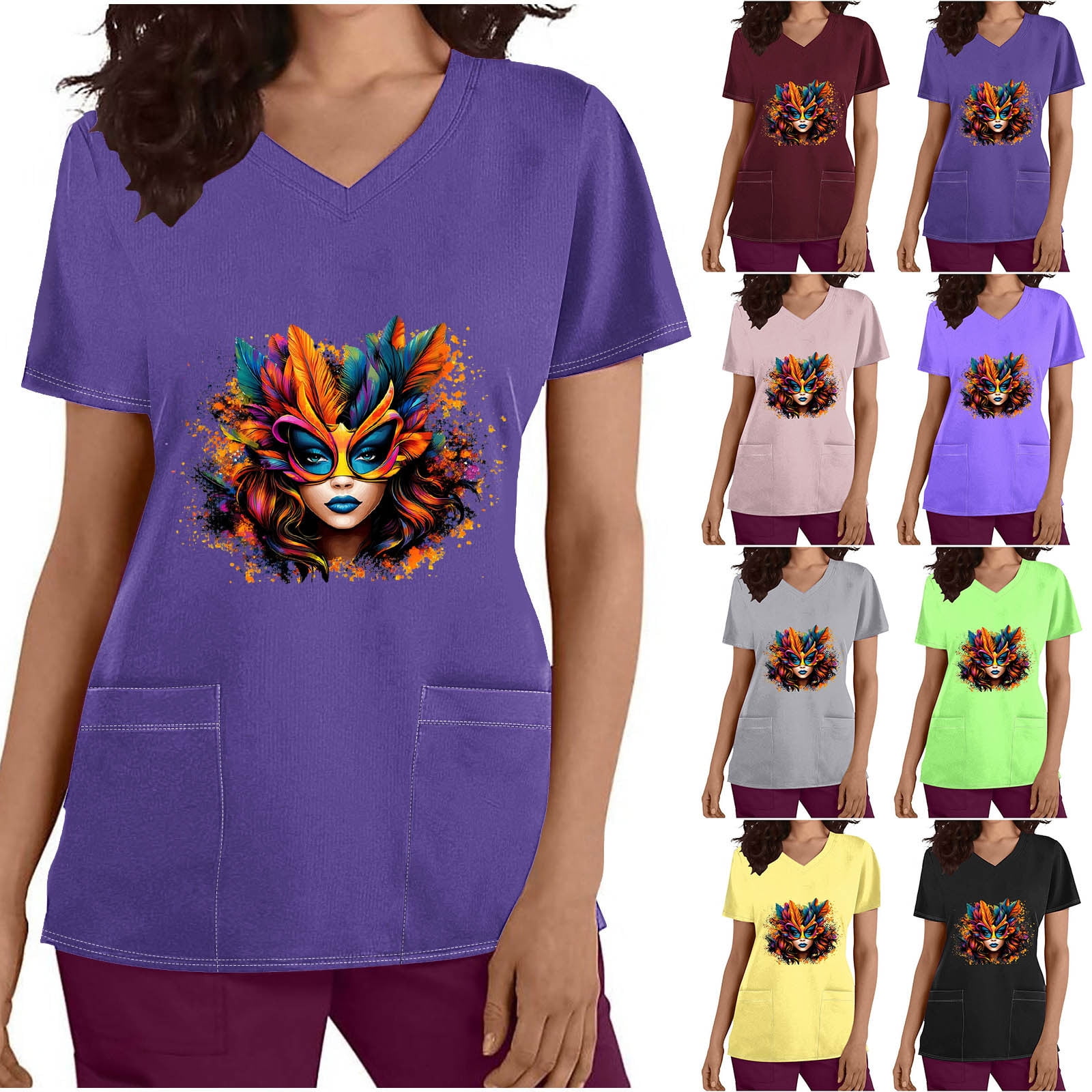 Jinhomg Womens Funny Holiday Scrubs Mardi Gras Carnival Themed Working ...