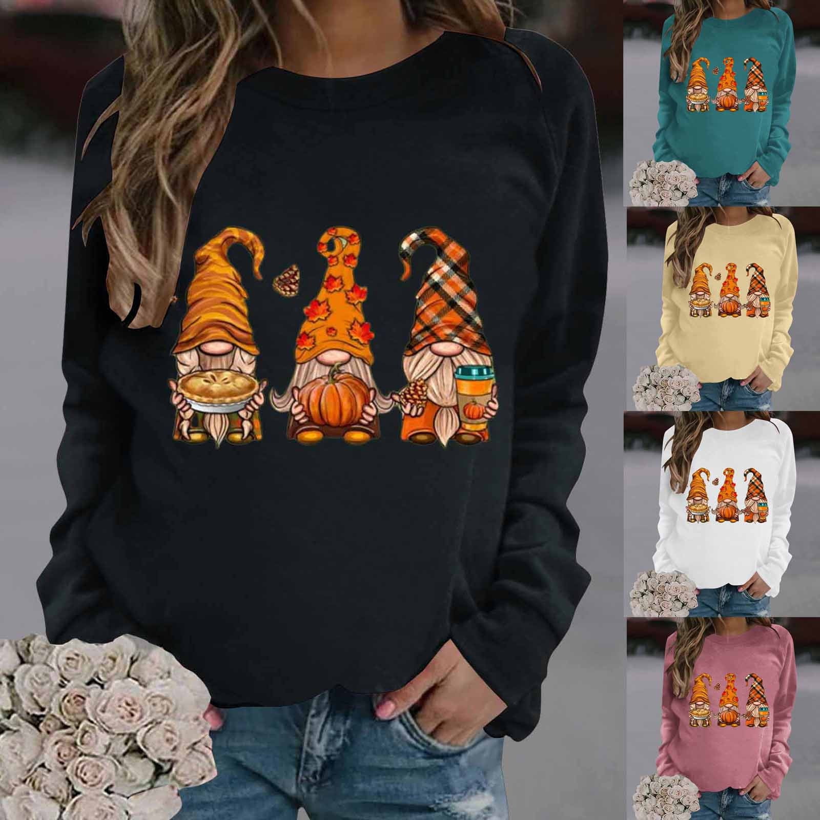 Jinhomg Womens Gnome Print Sweatshirts Thanksgiving Comfy Long Sleeve Drop Shoulder Tees Fall ...