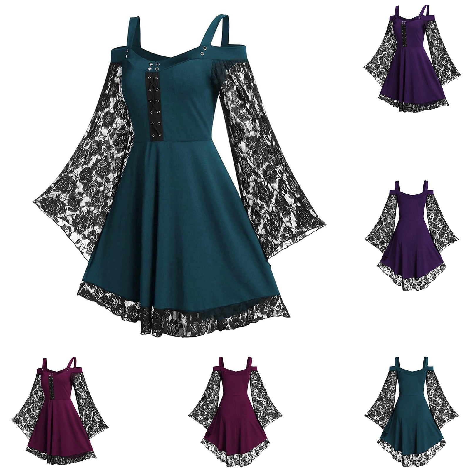 Jinhomg Womens Goth Dress Cold Shoulder Lace Floral Print Bell Sleeve ...