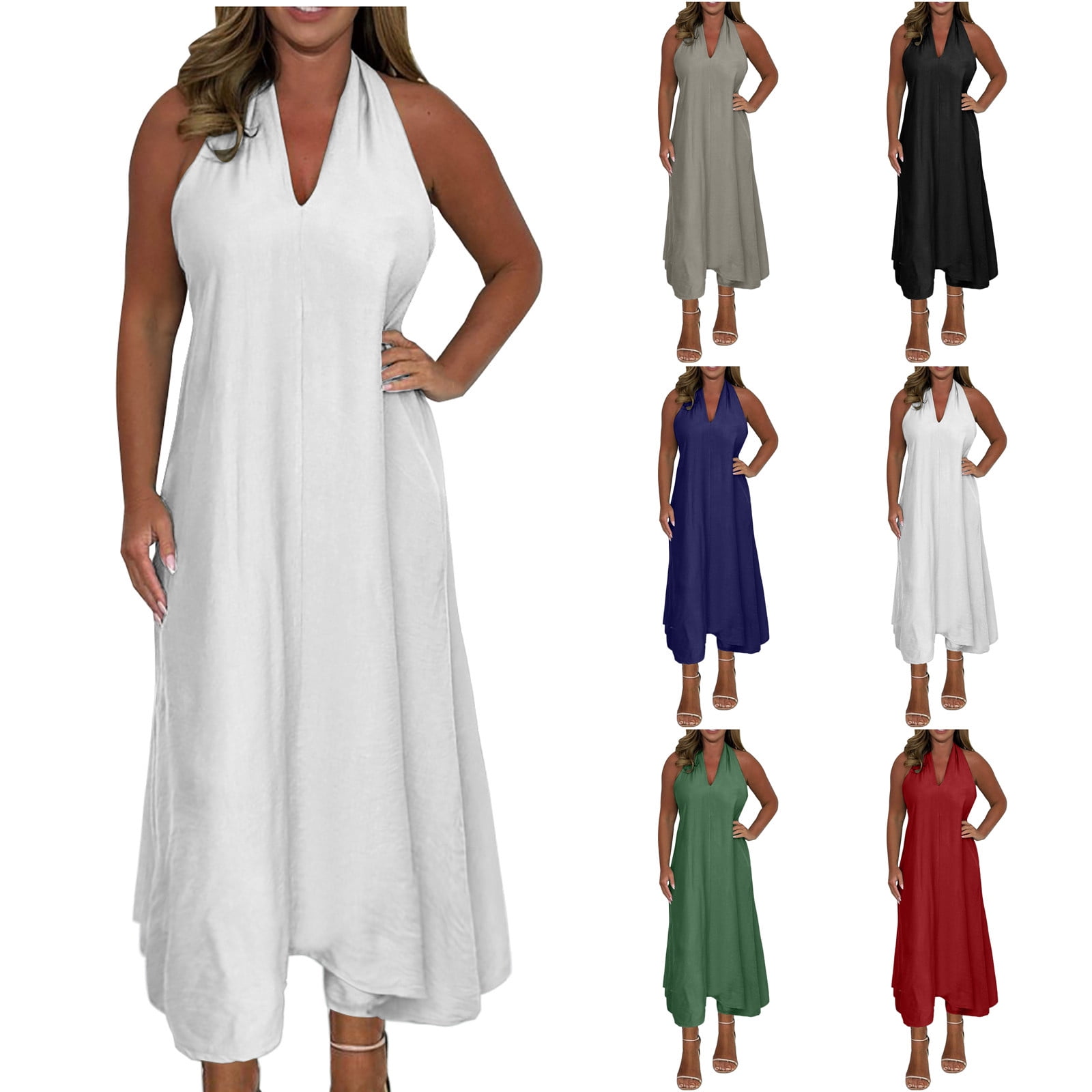 Jinhomg Womens Halter Dress Trendy Deep V-Neck Backless Maxi Dresses ...