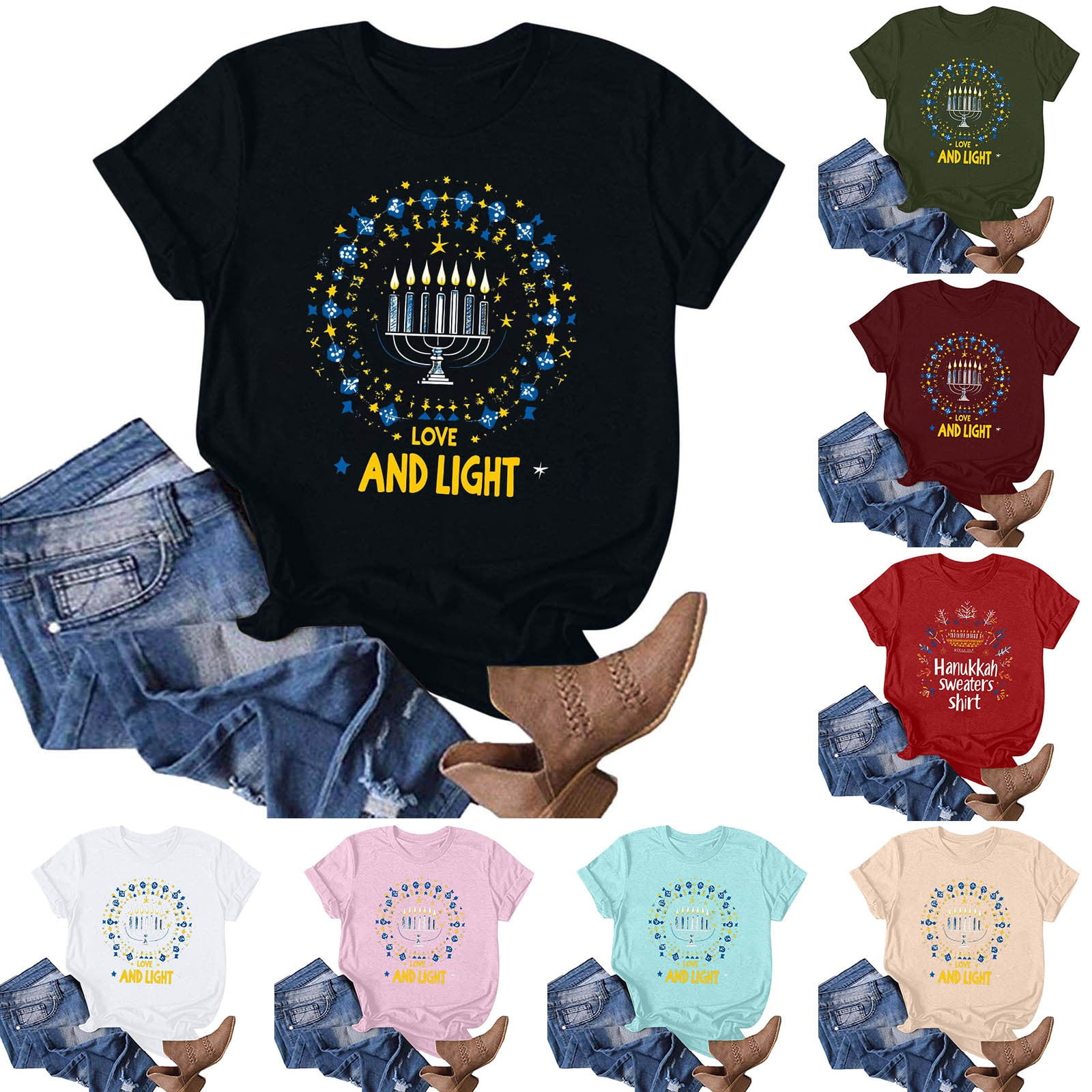 Jinhomg Womens Happy Hanukkah Shirt Funny Love And Light Celebration ...