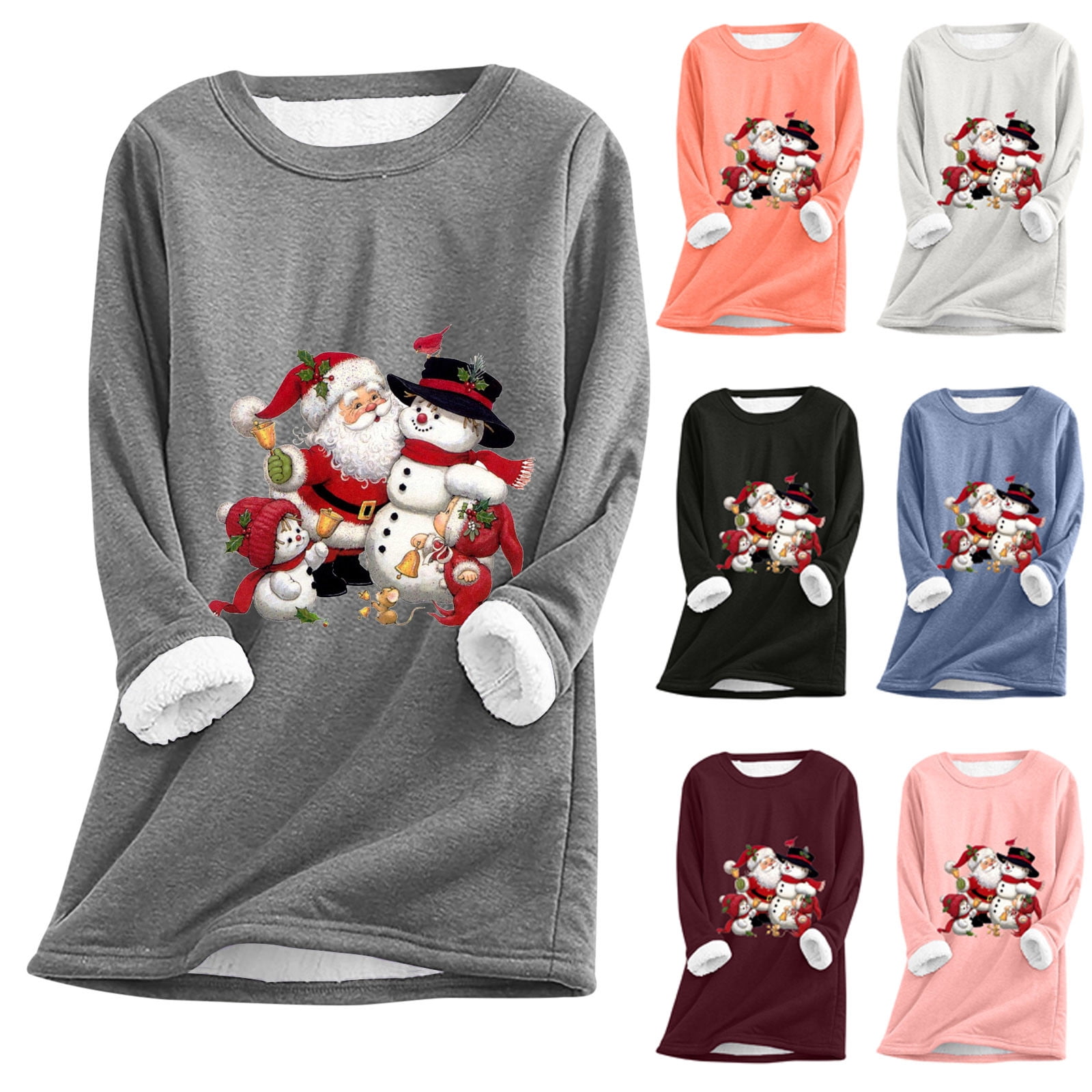 Jinhomg Womens Holiday Fleece Lined Shirts Christmas Cute Santa Snowman ...