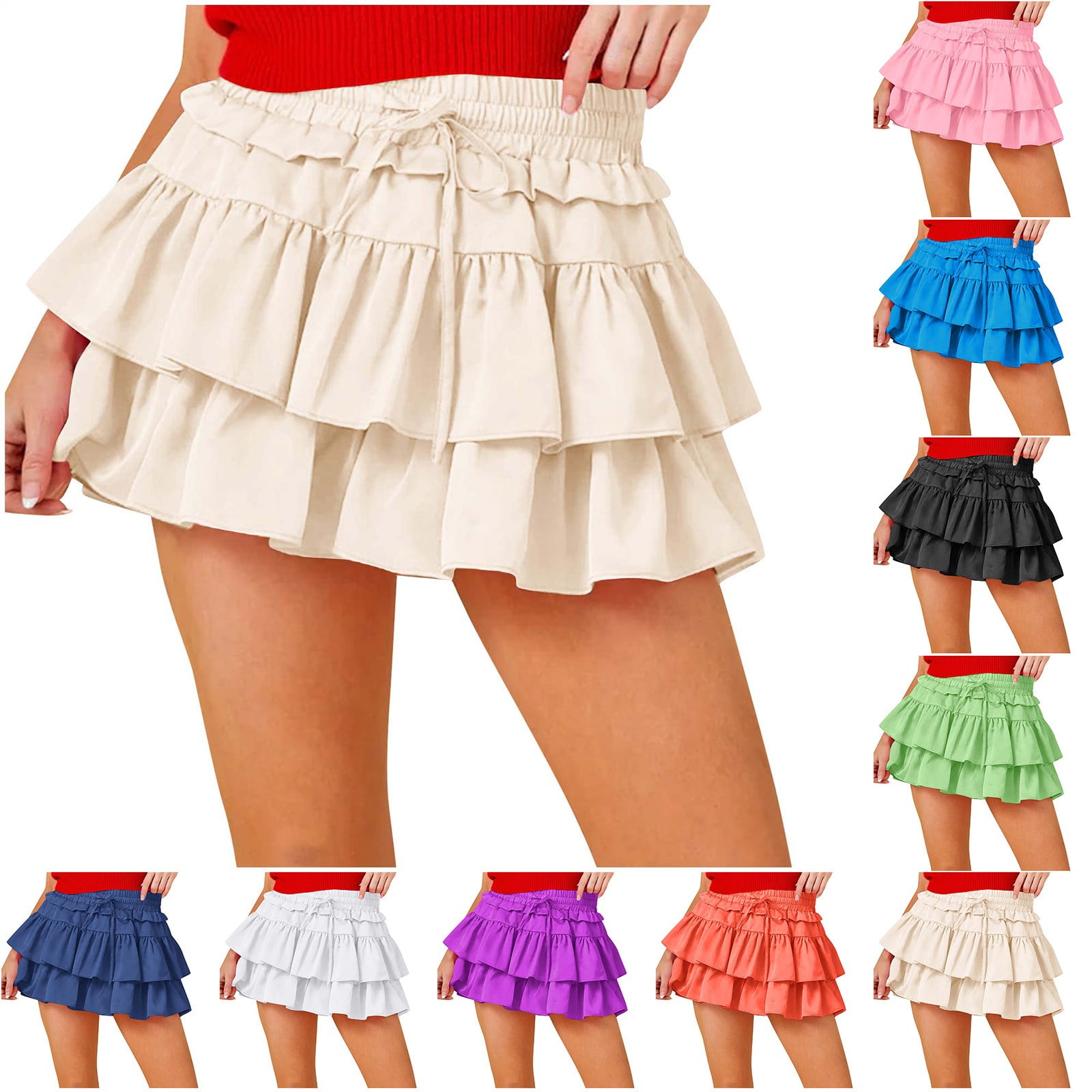 Jinhomg Womens Layered Skirt Cute Ruffle Hem Pleated Swing Dress Flowy ...