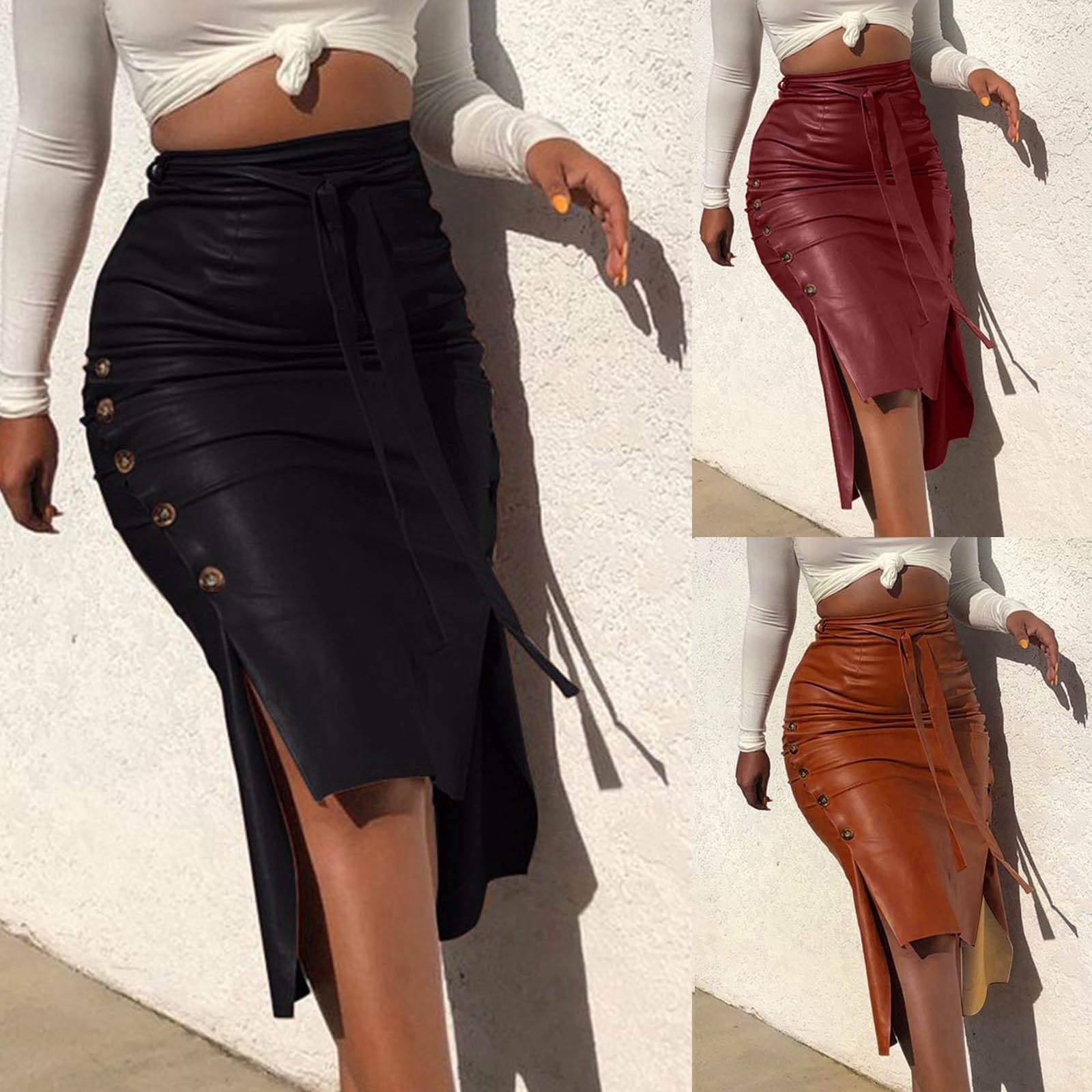 Jinhomg Womens Leather Skirts 2025 Trendy Side Button Split Pencil ...