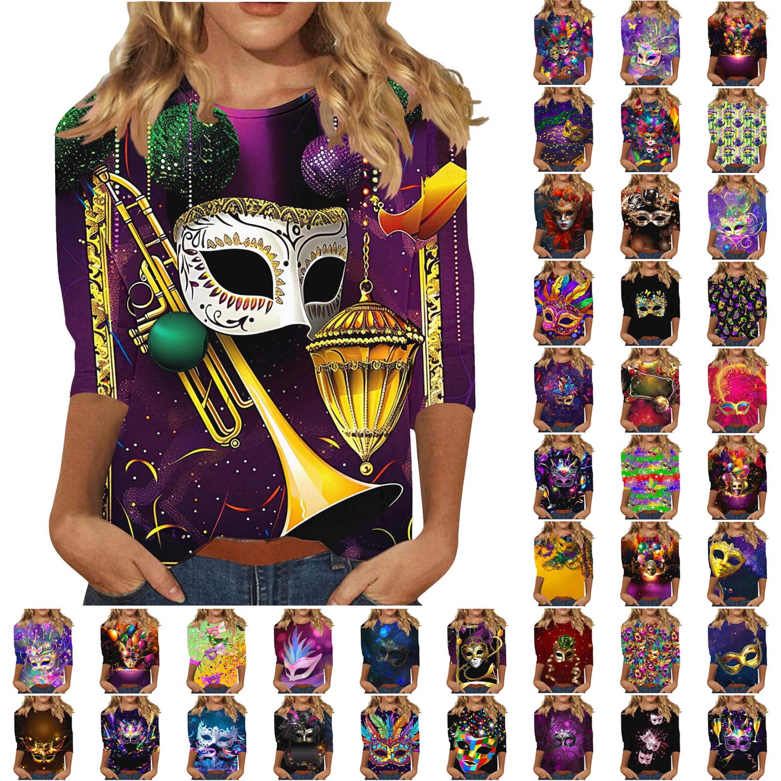 Jinhomg Womens Mardi Gras Print Shirt Fancy Carnival Themed Masks Tops ...