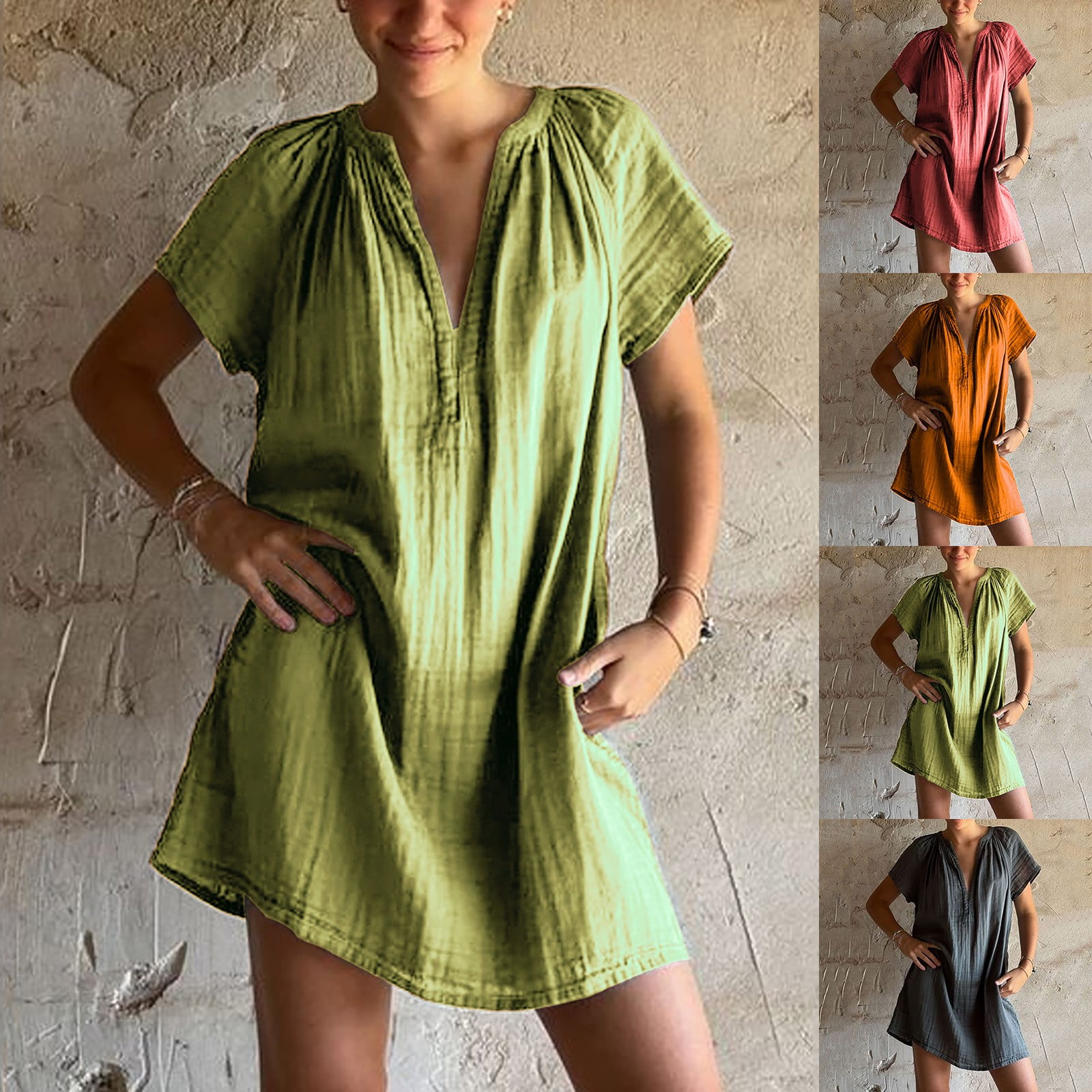 Jinhomg Womens Plus Size Mini Dress Trendy Deep V-Neck Linen Dresses ...