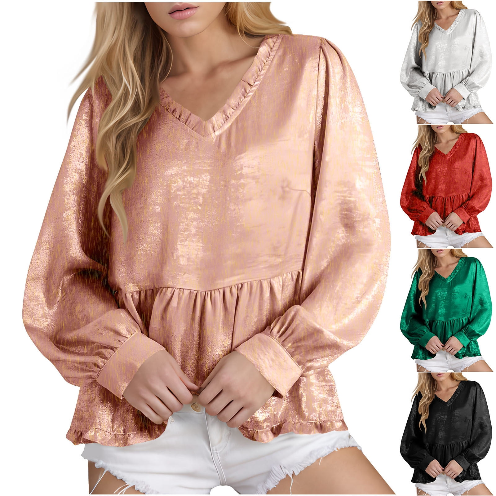 Jinhomg Womens Sparkly Party Blouse Trendy Frilled V Neck Puff Sleeve ...