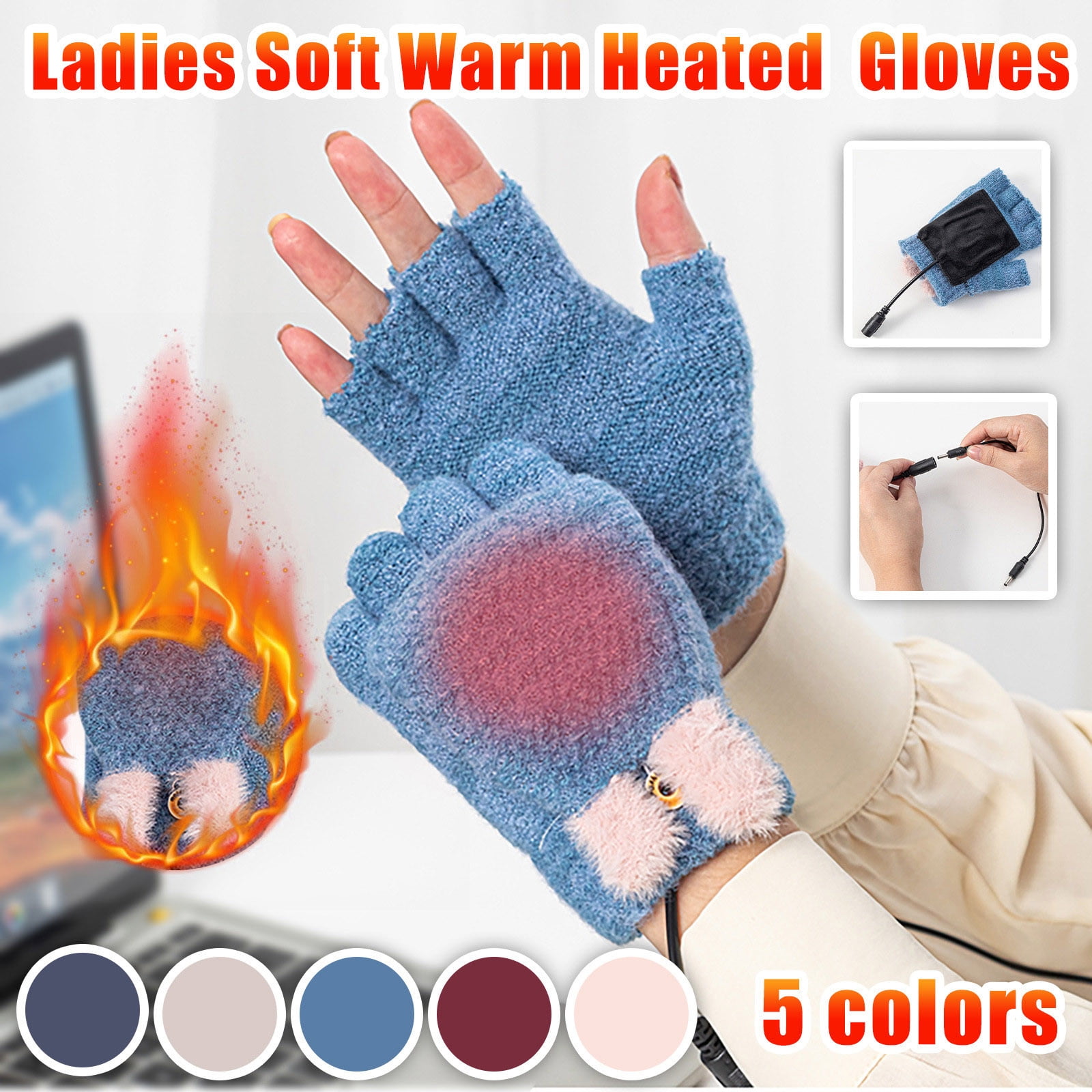 Jinhomg Womens Winter Heated Gloves Thermal Comfy Cotton Fingerless ...