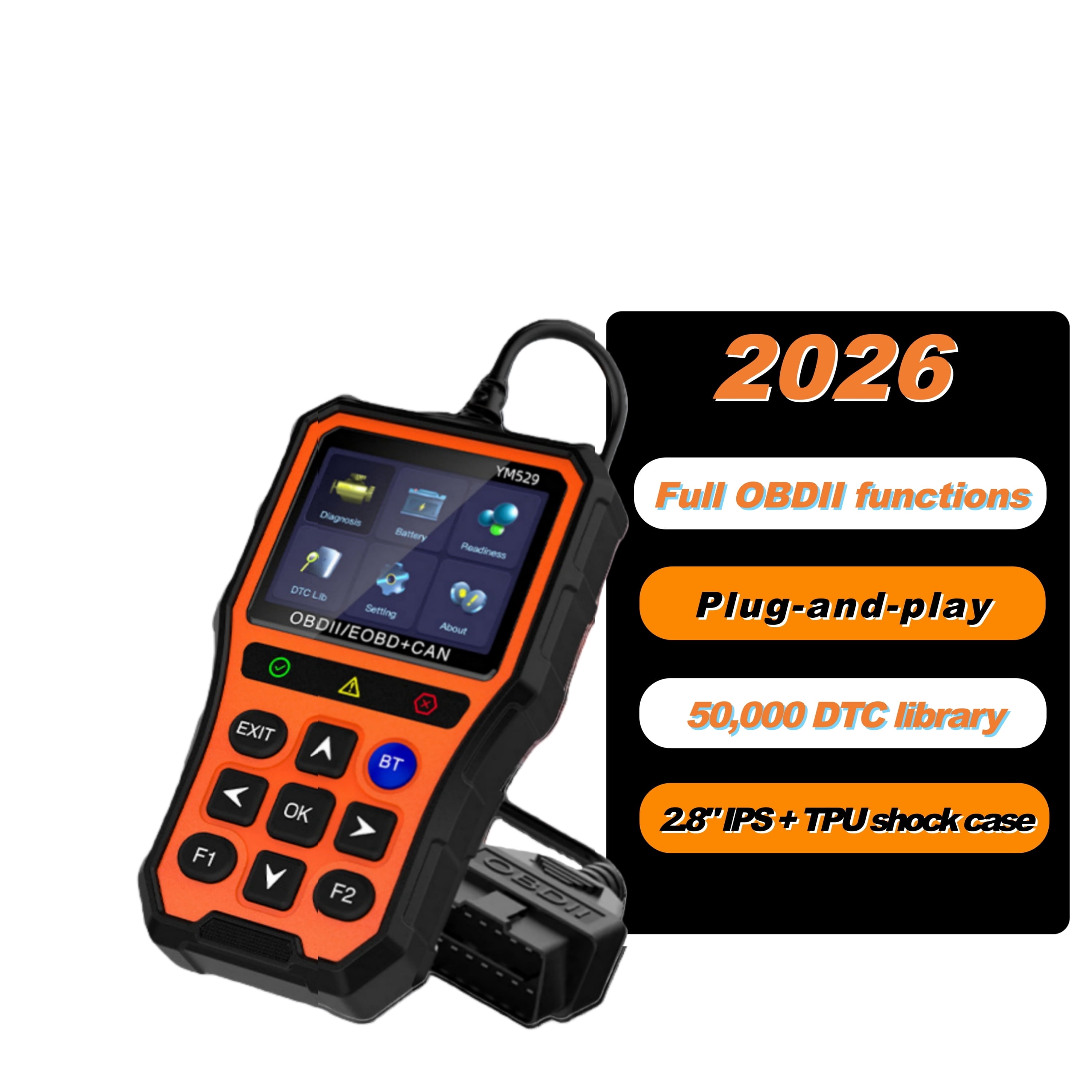 Jinkey® 2-in-1 OBD2 Diagnostic Scanner (Wired + Bluetooth)— 2.8" Full ...
