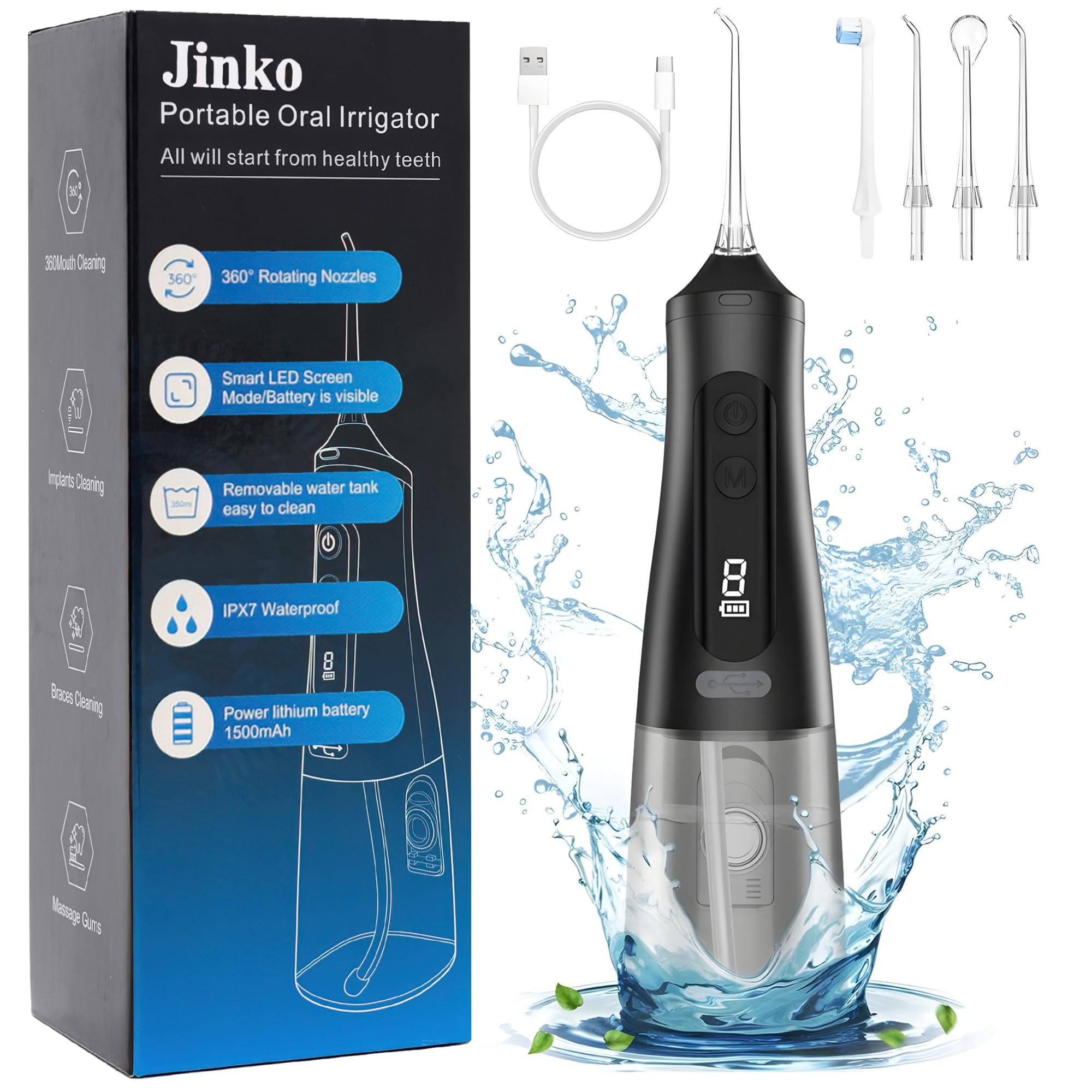 Jinko Water Flosser for IFF17 Teeth, Cordless Water Pick, 350ML Tank, 9 ...