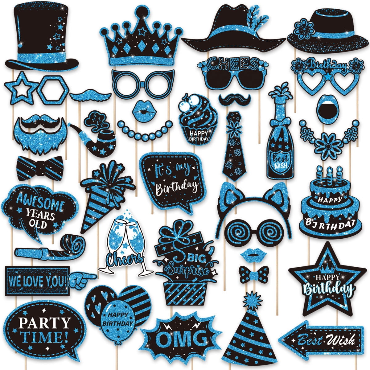 Jinswick Black Blue 36 Pcs Birthday Photo Booth Props Kit, Black and ...