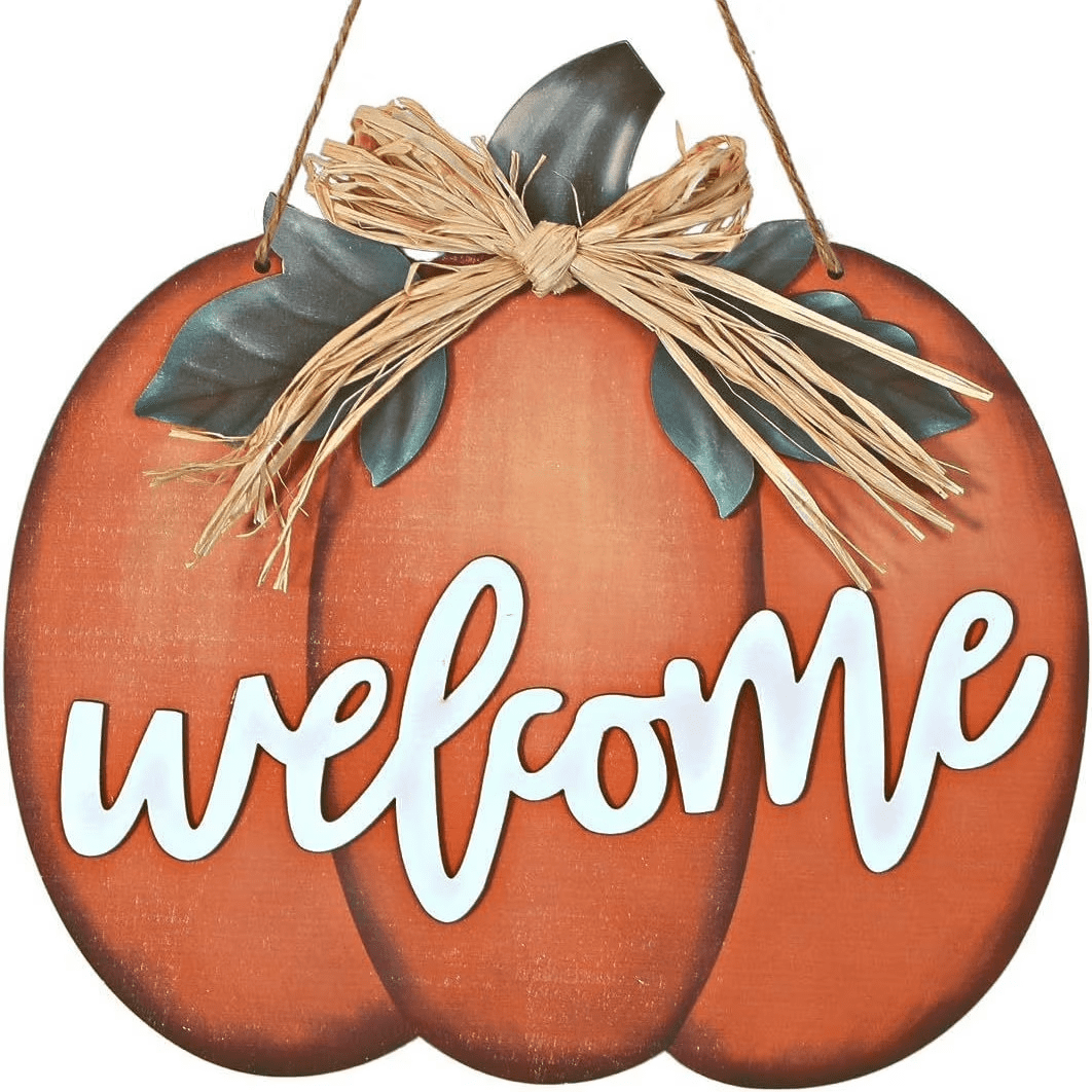 Jinswick Fall Decorative Pumpkin Welcome Front Door Sign Wooden ...