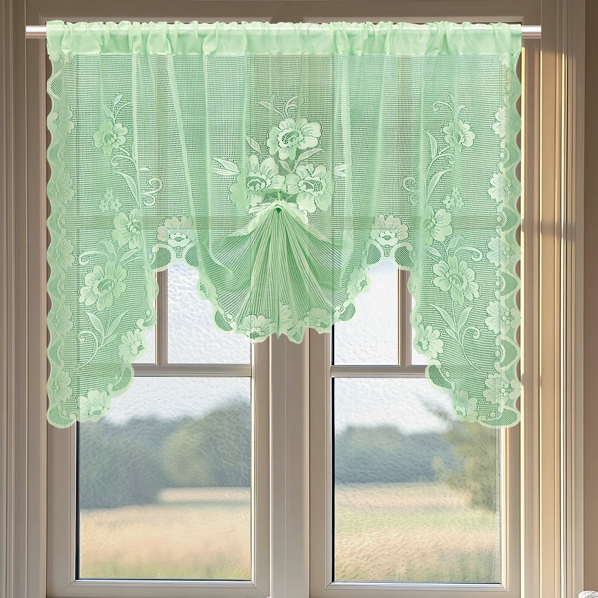 Jinswick Green Semi-Sheer Floral Lace Curtain Swag for Kitchen Half ...
