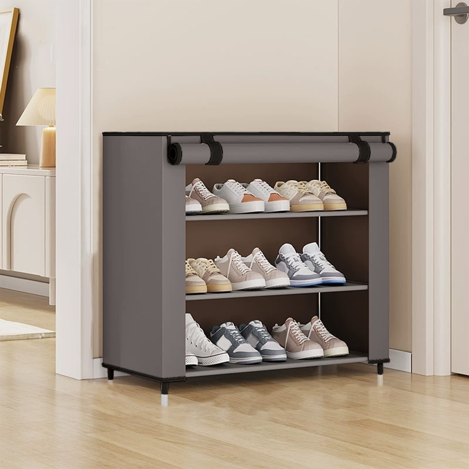 Jioakfa Shoe Rack With Cover, 4 Tier Shoe Organizer Storage For 9-12 ...