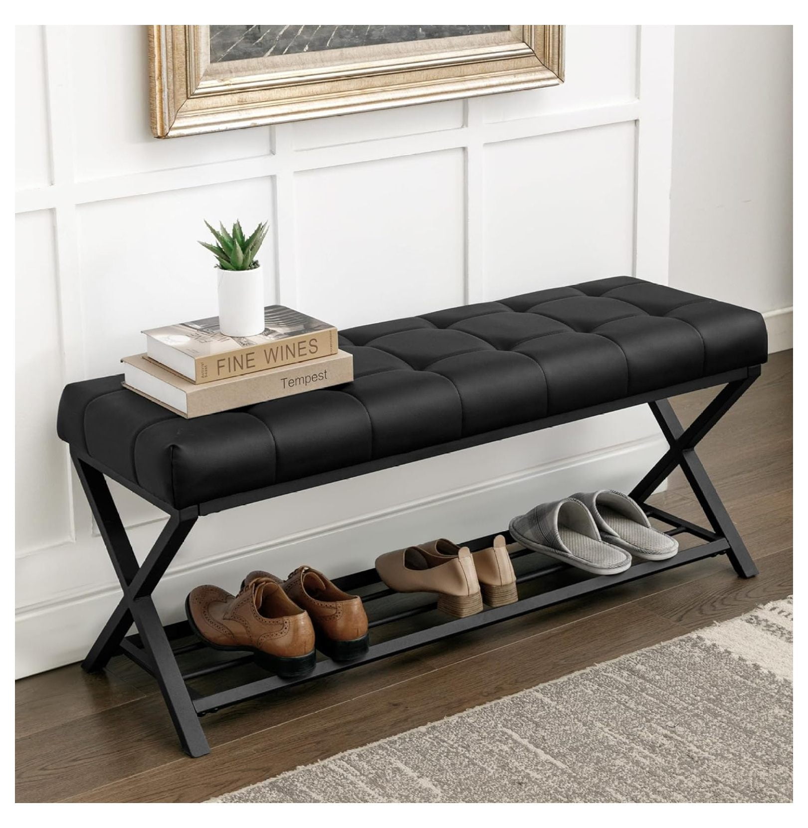 Jiowenm 44.5” End of Bed Bench with Shelf, Linen Tufted Upholstered Storage Shoe Bench, Modern ...