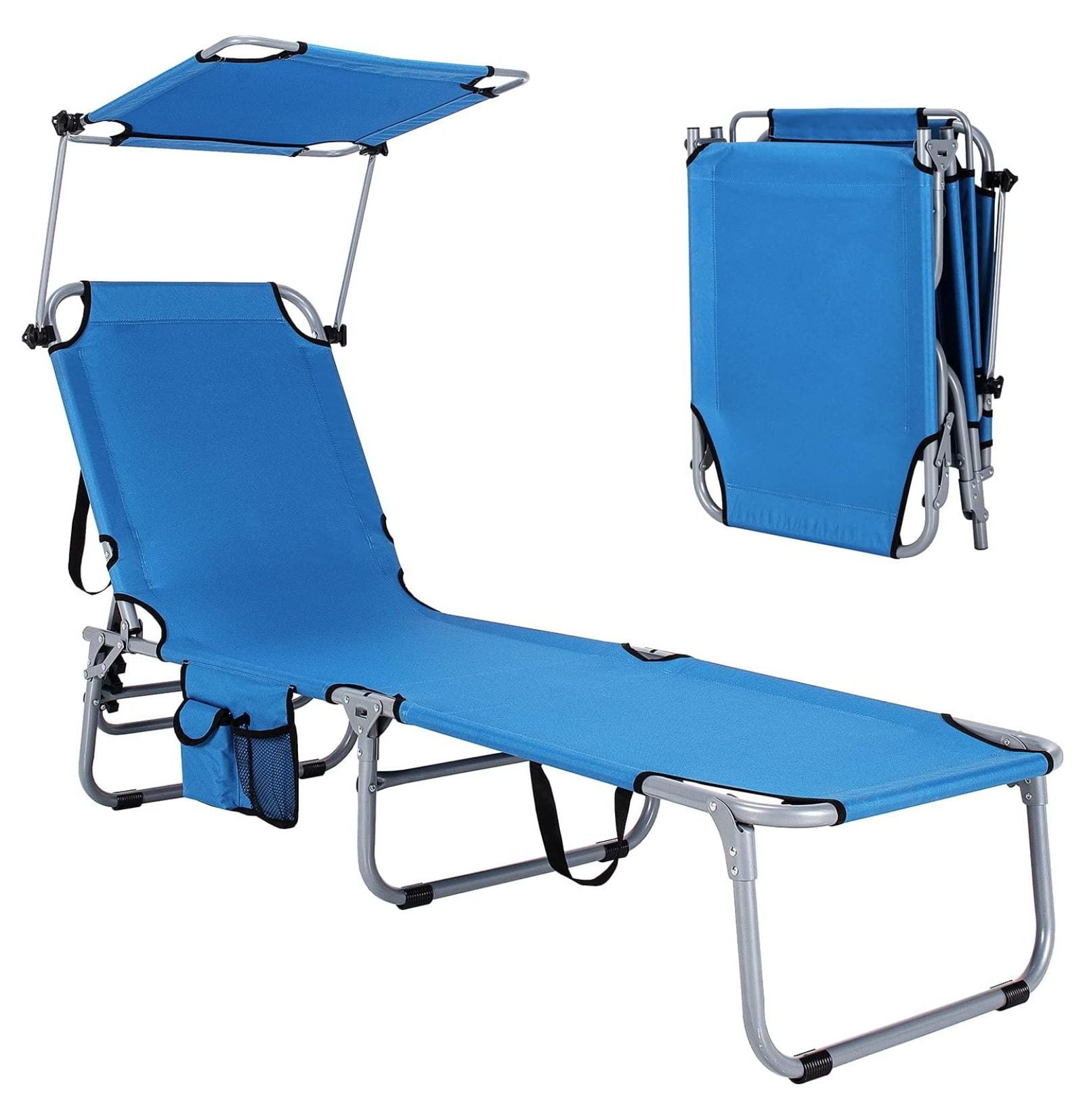 Jiowenm Beach Chair with Canopy Shade, Folding Tanning Lounge with ...