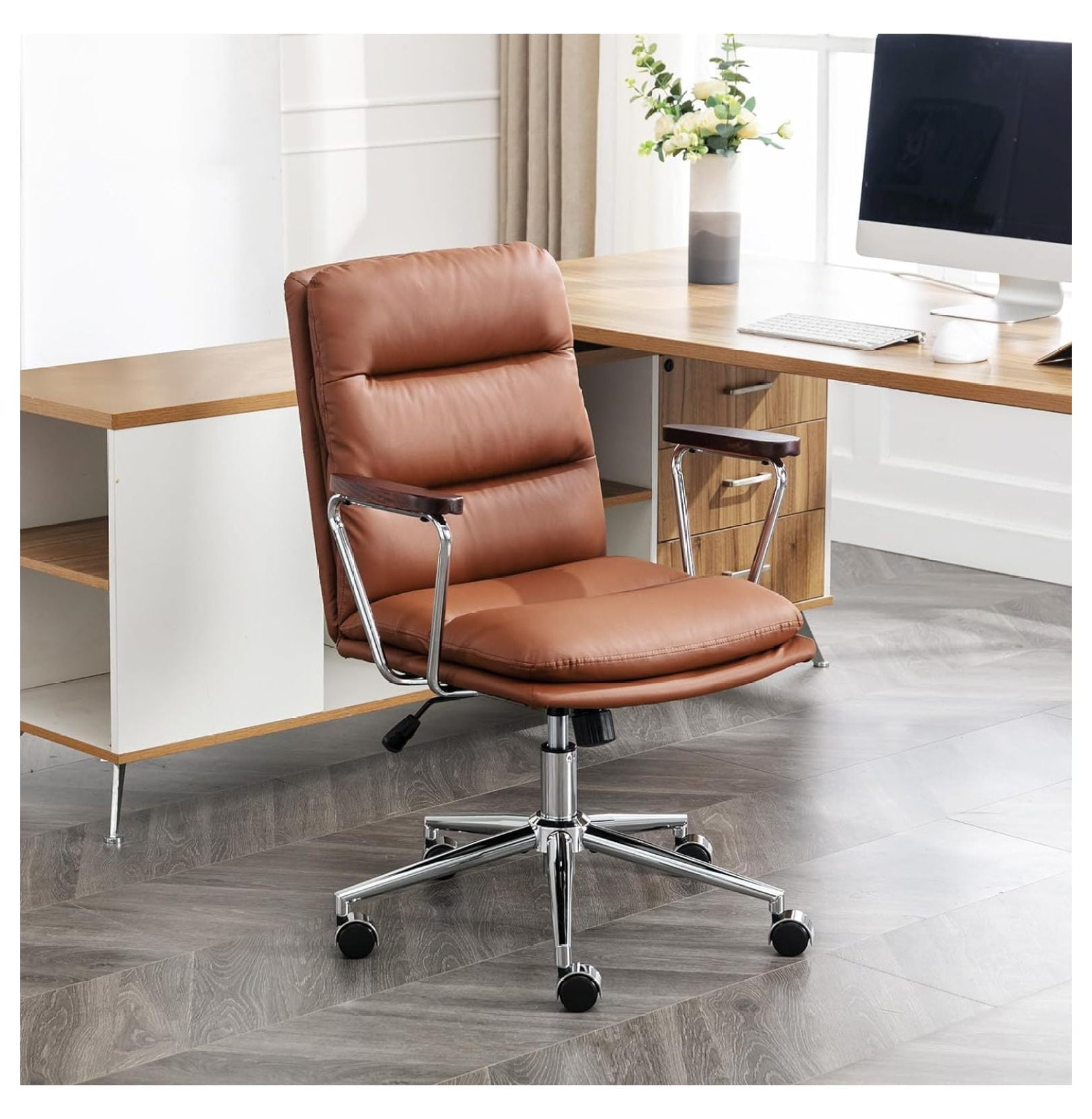Jiowenm Office Desk Chair with Wooden Armrests, PU Padded Ergonomic ...