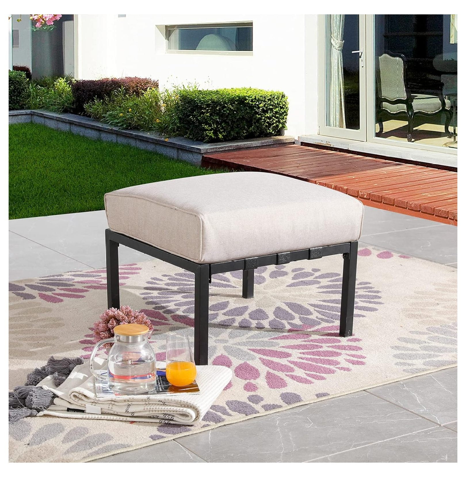 Jiowenm Patio Ottoman Metal Footstool with Thick Cushion Small Seat All ...