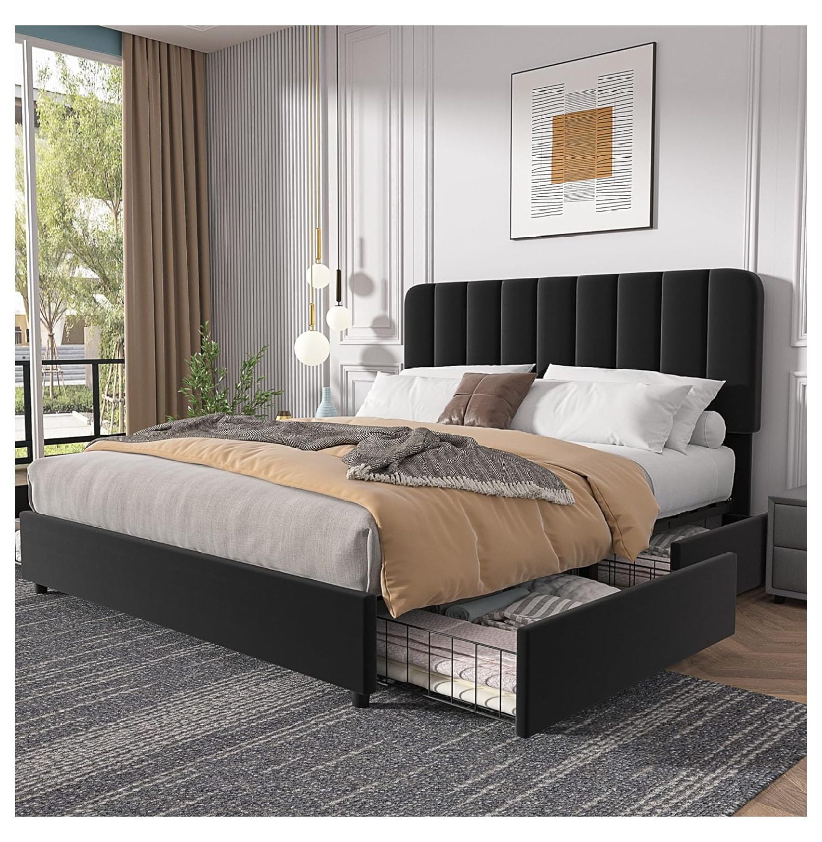 Jiowenm Queen Size Upholstered Bed Frame with 4 Drawers and Adjustable ...