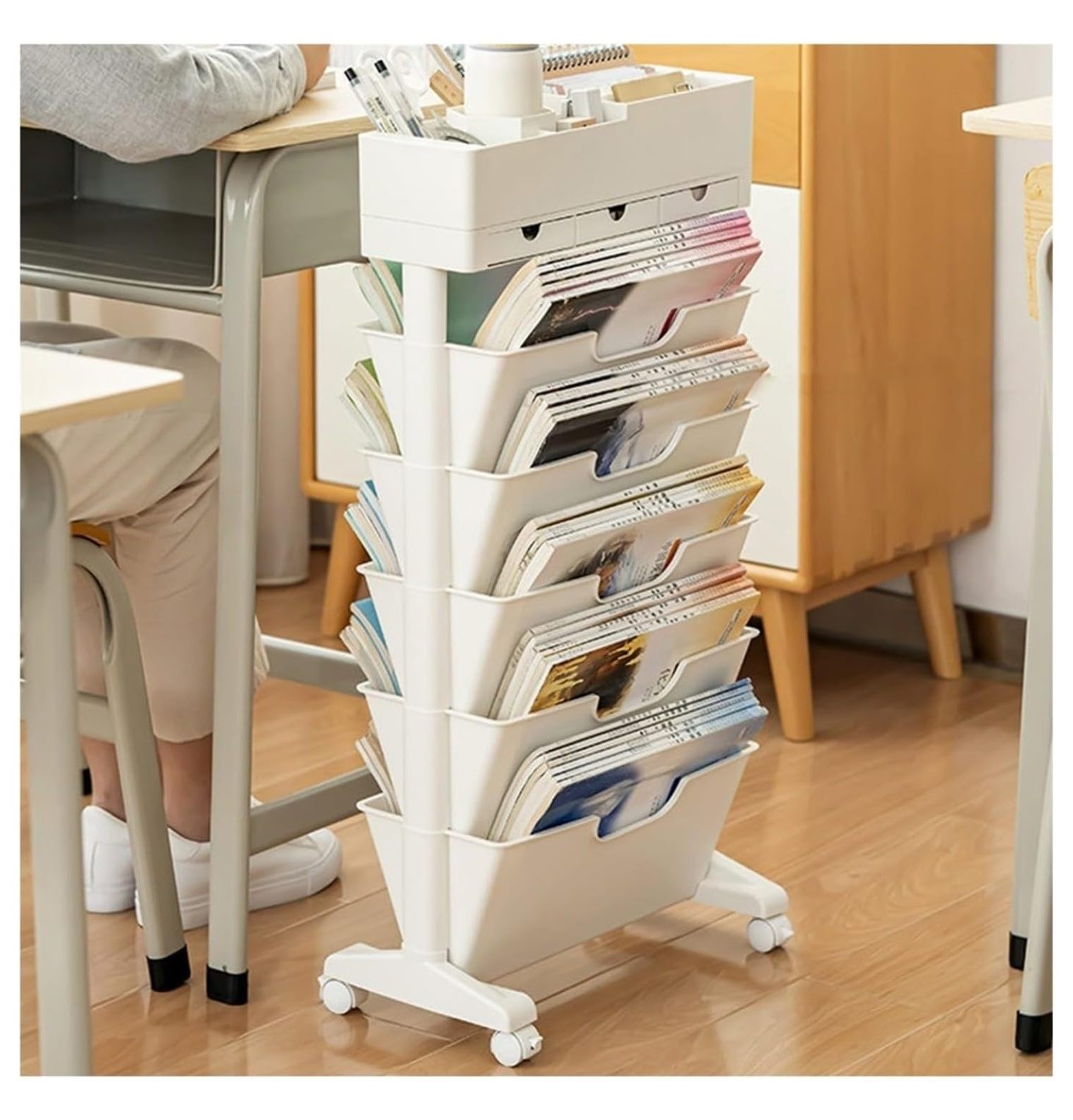 Jiowenm Vertical Narrow Bookshelf Organizer, Movable Classroom Deskside ...