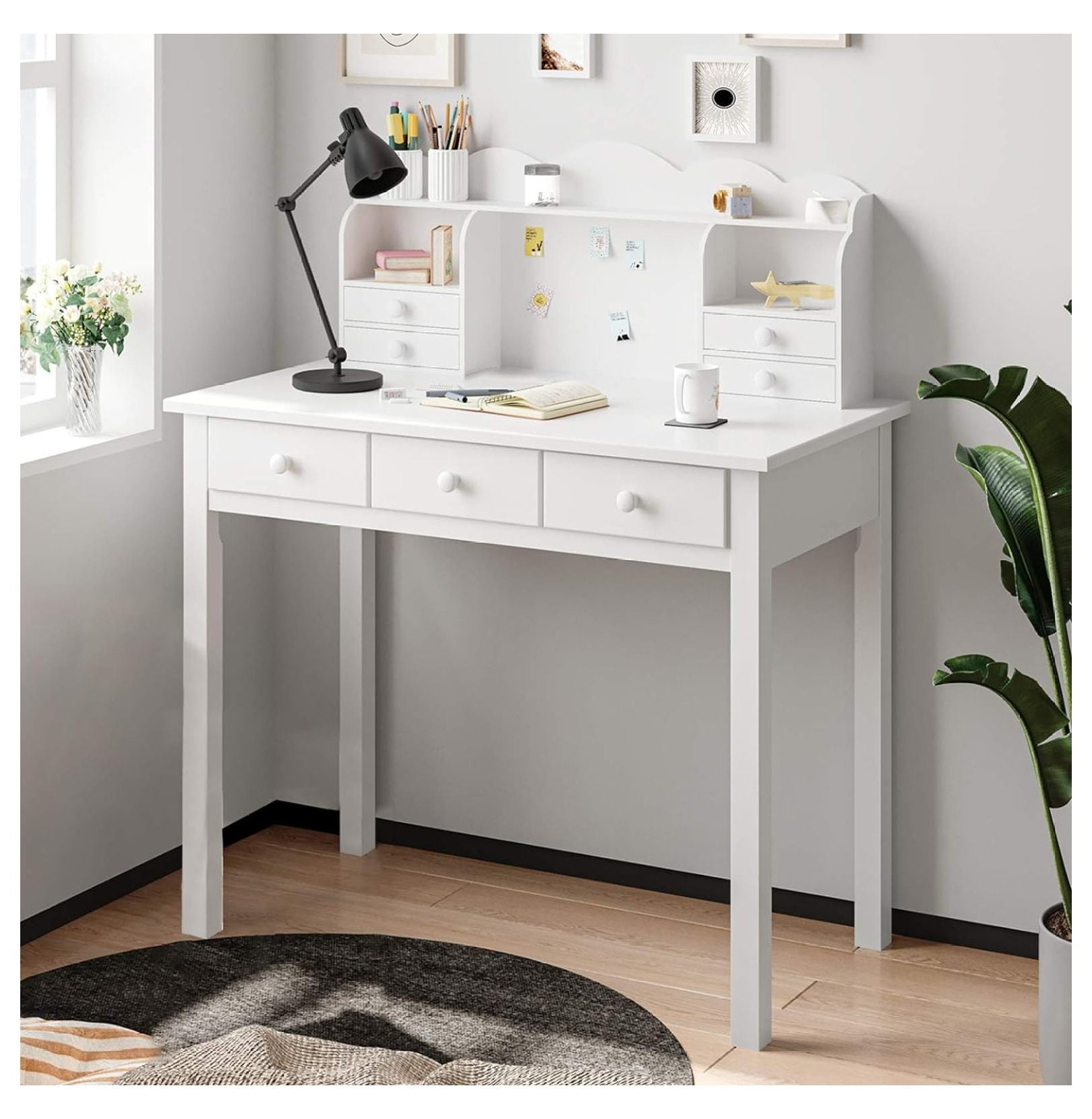 Jiowenm Writing Desk with 7 Drawers, Home Office Desk with Hutch ...