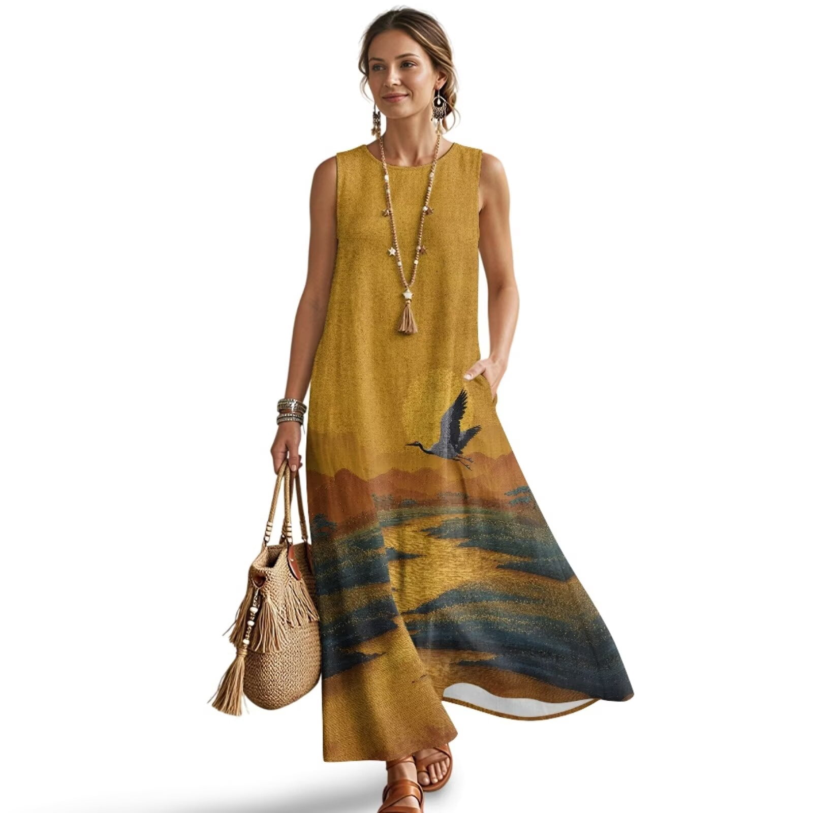 Jiueut Crane Bird Mountain Print Sleeveless Linen Look Maxi Dress for ...