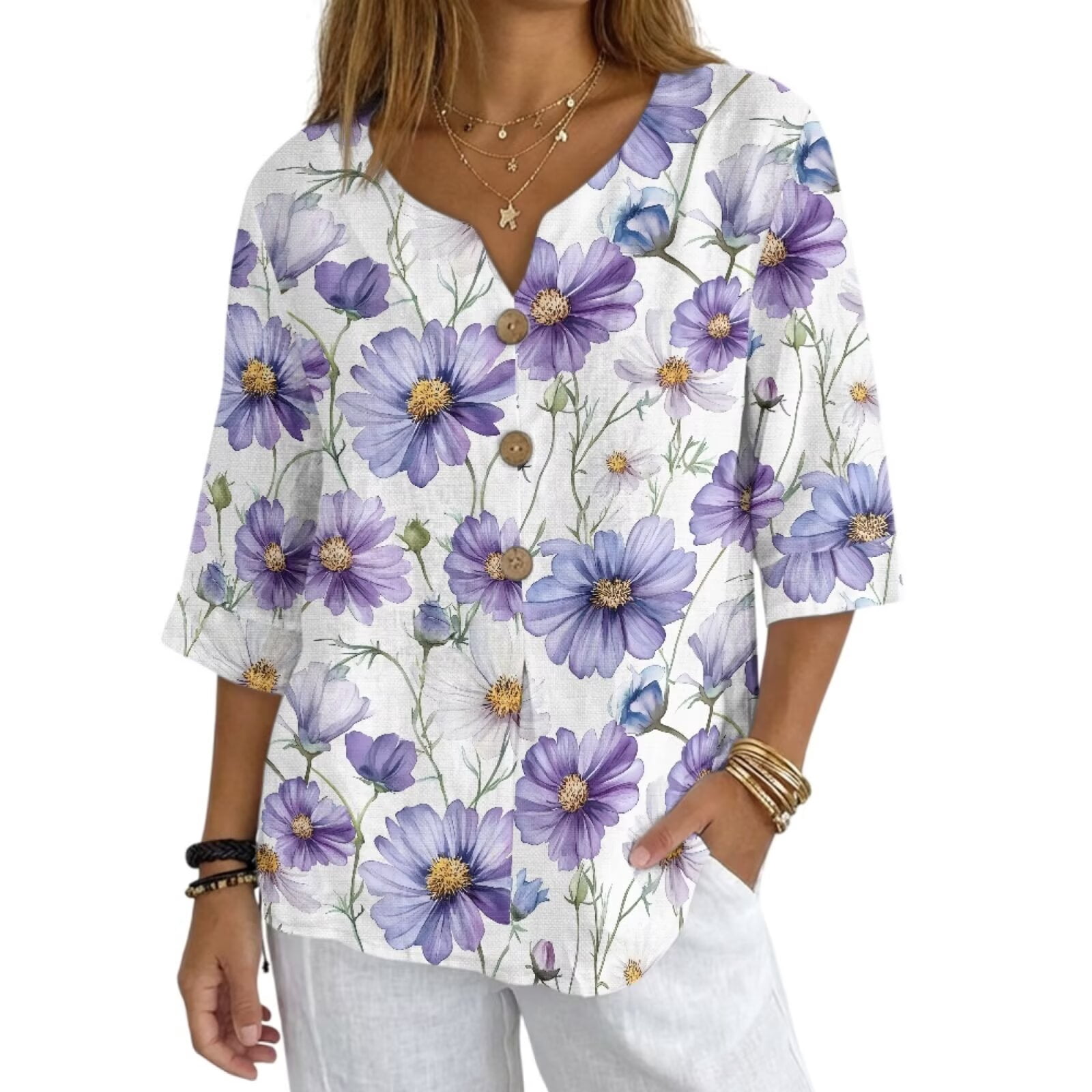 Jiueut Daisy Print Blouses for Women Casual 3/4 Length Sleeve Womens ...