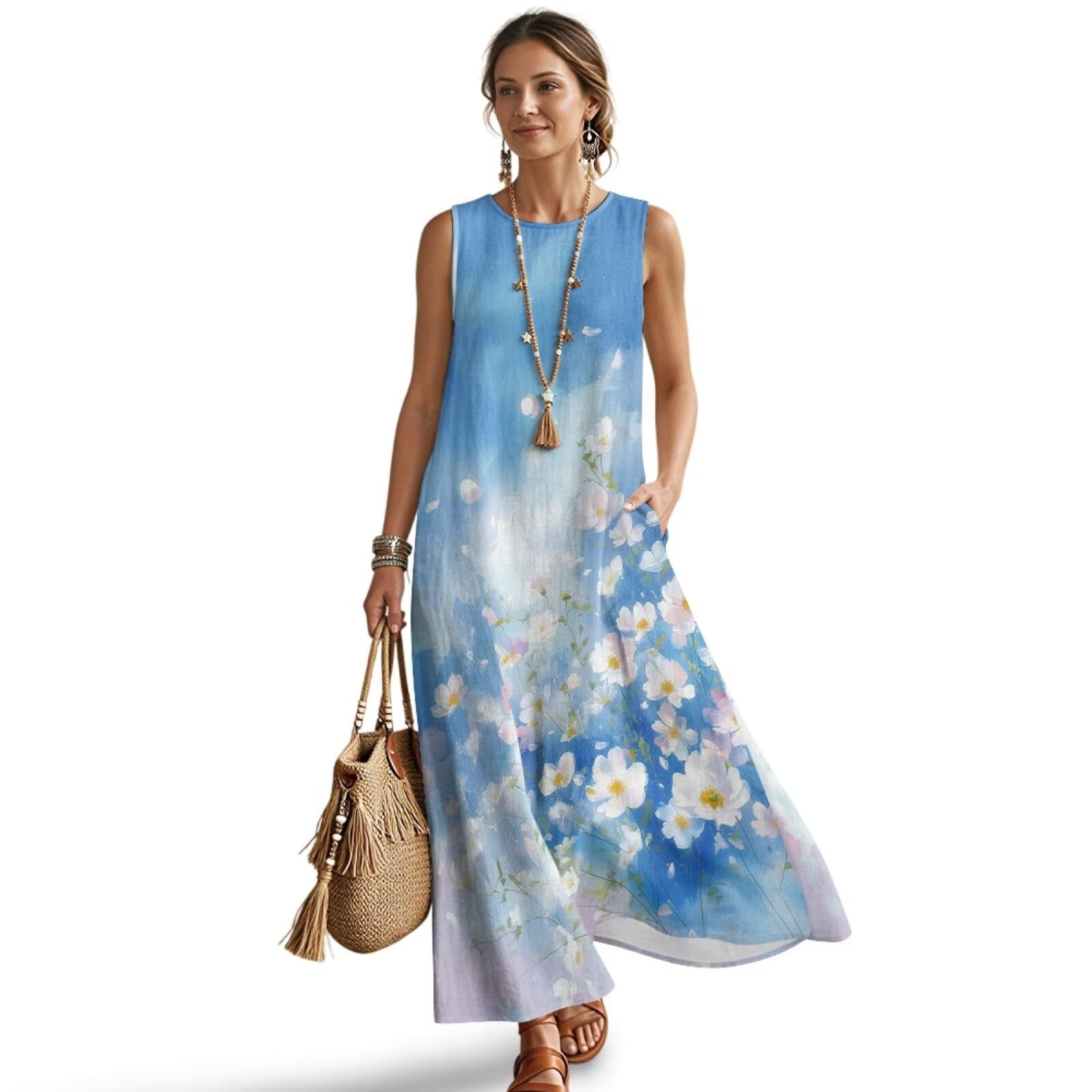 Jiueut Daisy Print Sleeveless Linen Look Maxi Dress for Women with ...