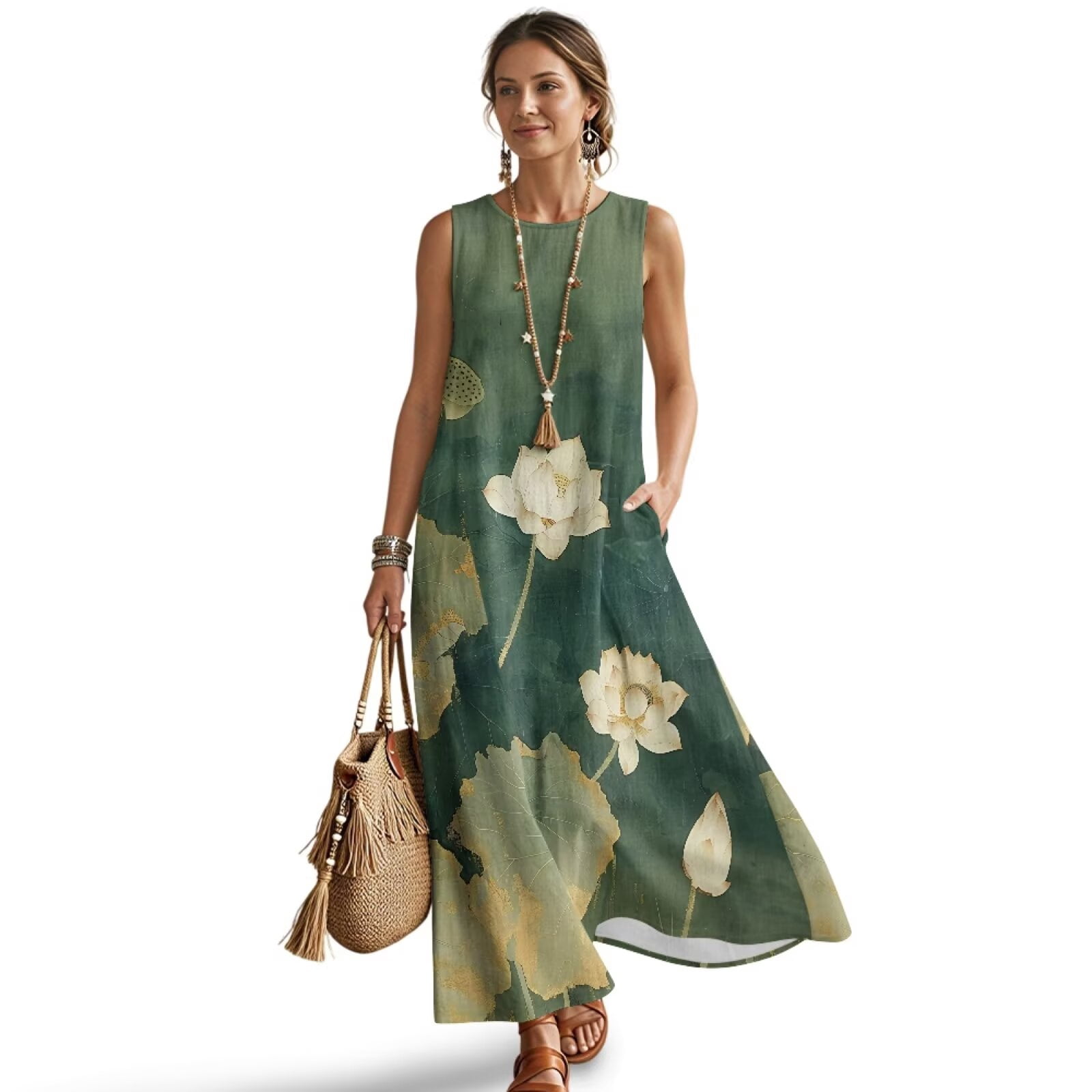 Jiueut Green Lotus Flower Print Summer Dresses for Women Flowy Casual ...