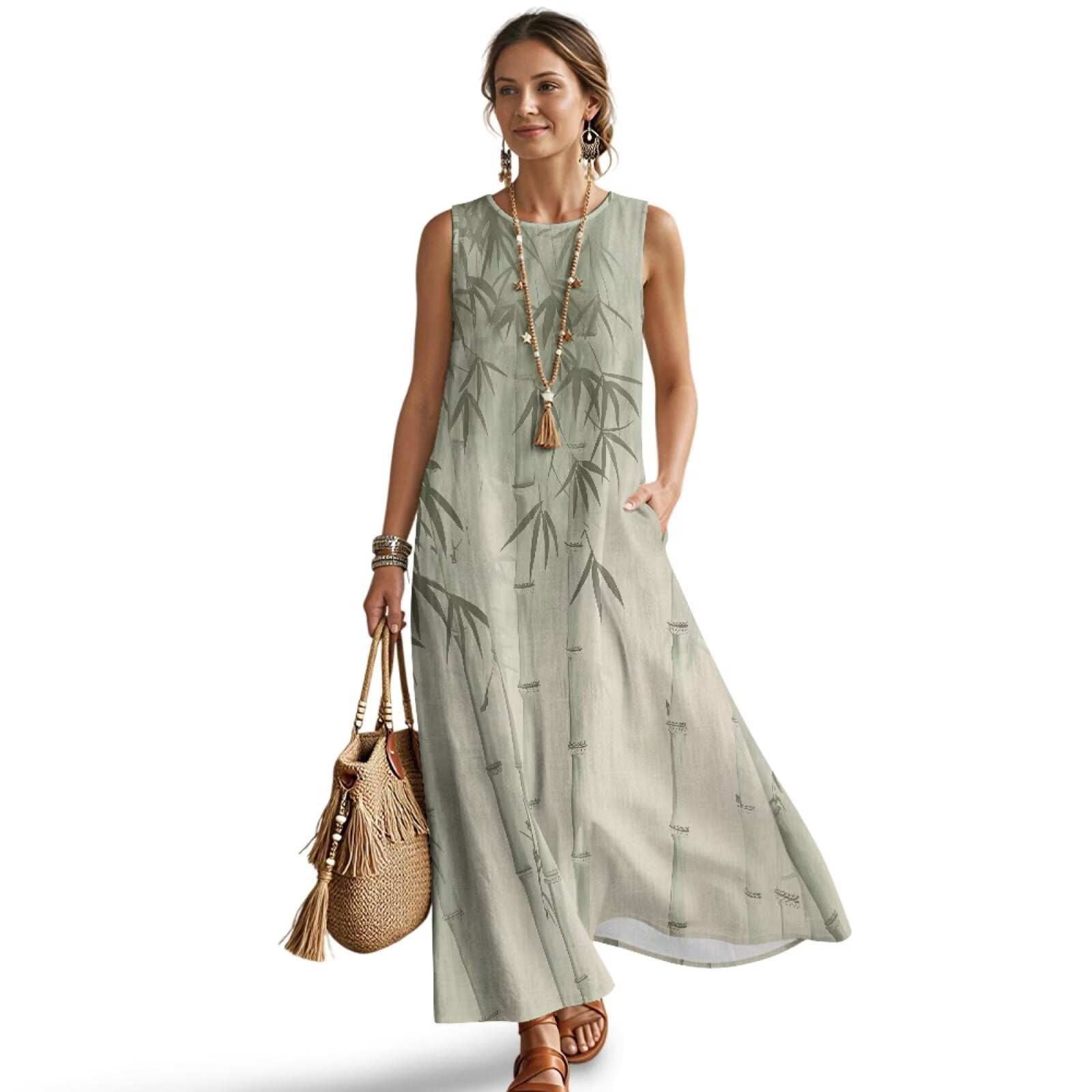 Jiueut Ink Leaf Print Maxi Dresses for Women 2026 Vacation Casual ...