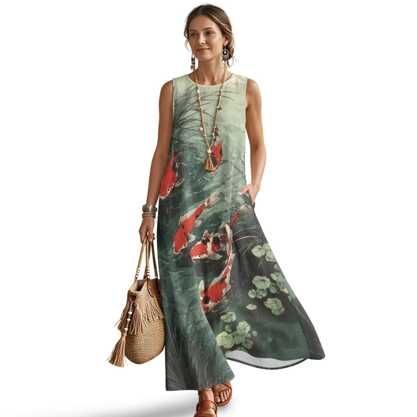 Jiueut Koi Fish Print Sleeveless Maxi Dress for Women with Pockets ...