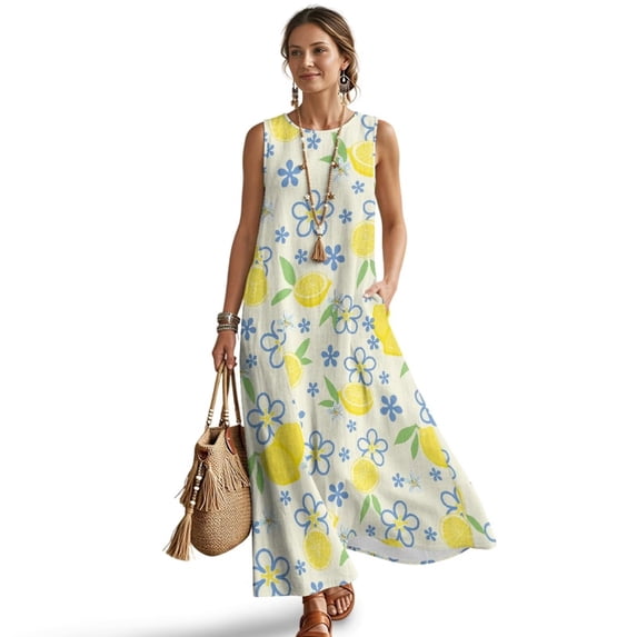 Jiueut Lemon Flower Print Maxi Dress with Pockets for Women, Sleeveless ...