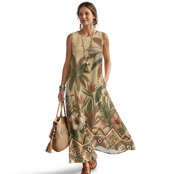 Jiueut Palm Tree Hibiscus Print Women Summer Casual Sleeveless Maxi ...