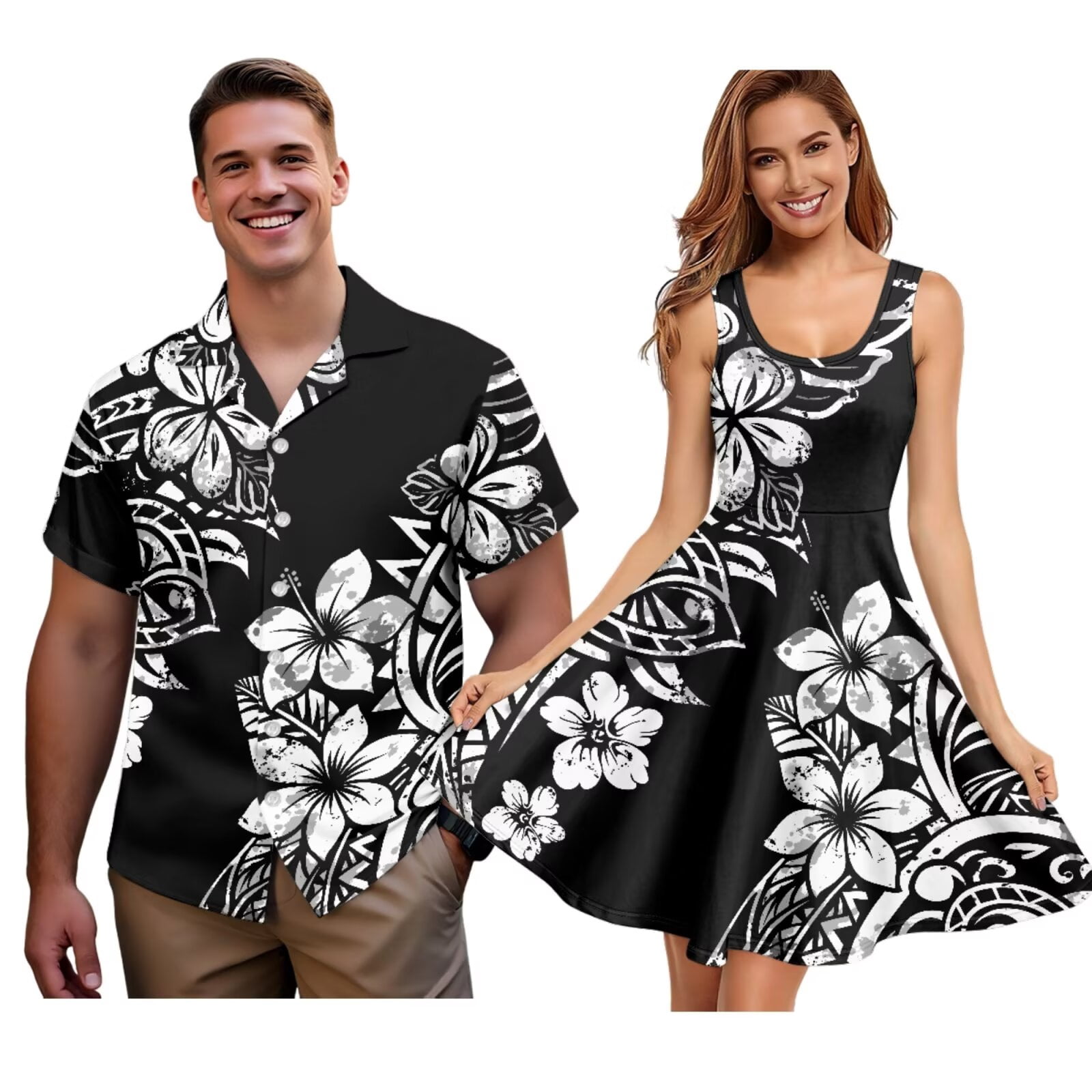 Jiueut Polynesia Hibiscus Palm Leaves Pattern Matching Hawaiian Outfits ...