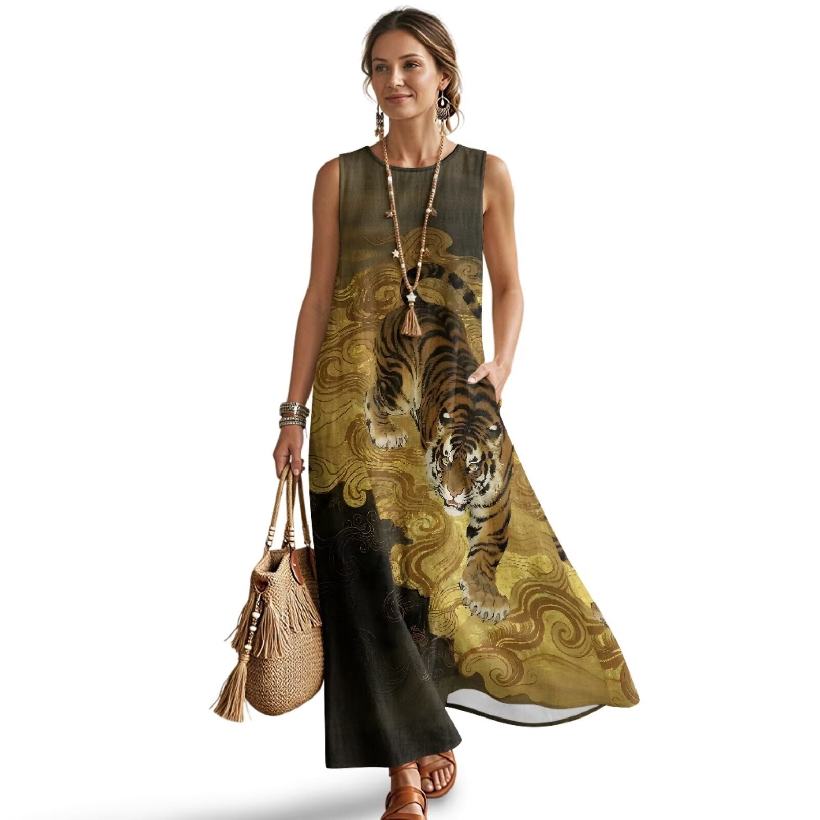 Jiueut Tiger Cloud Print Maxi Dress with Pockets for Women, Sleeveless ...