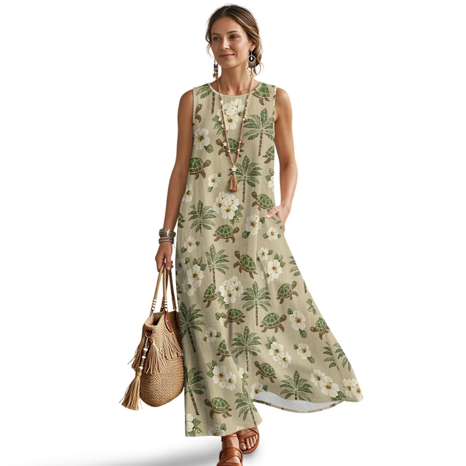 Jiueut Turtle Palm Tree Print Sleeveless Maxi Dress Women with Pockets ...