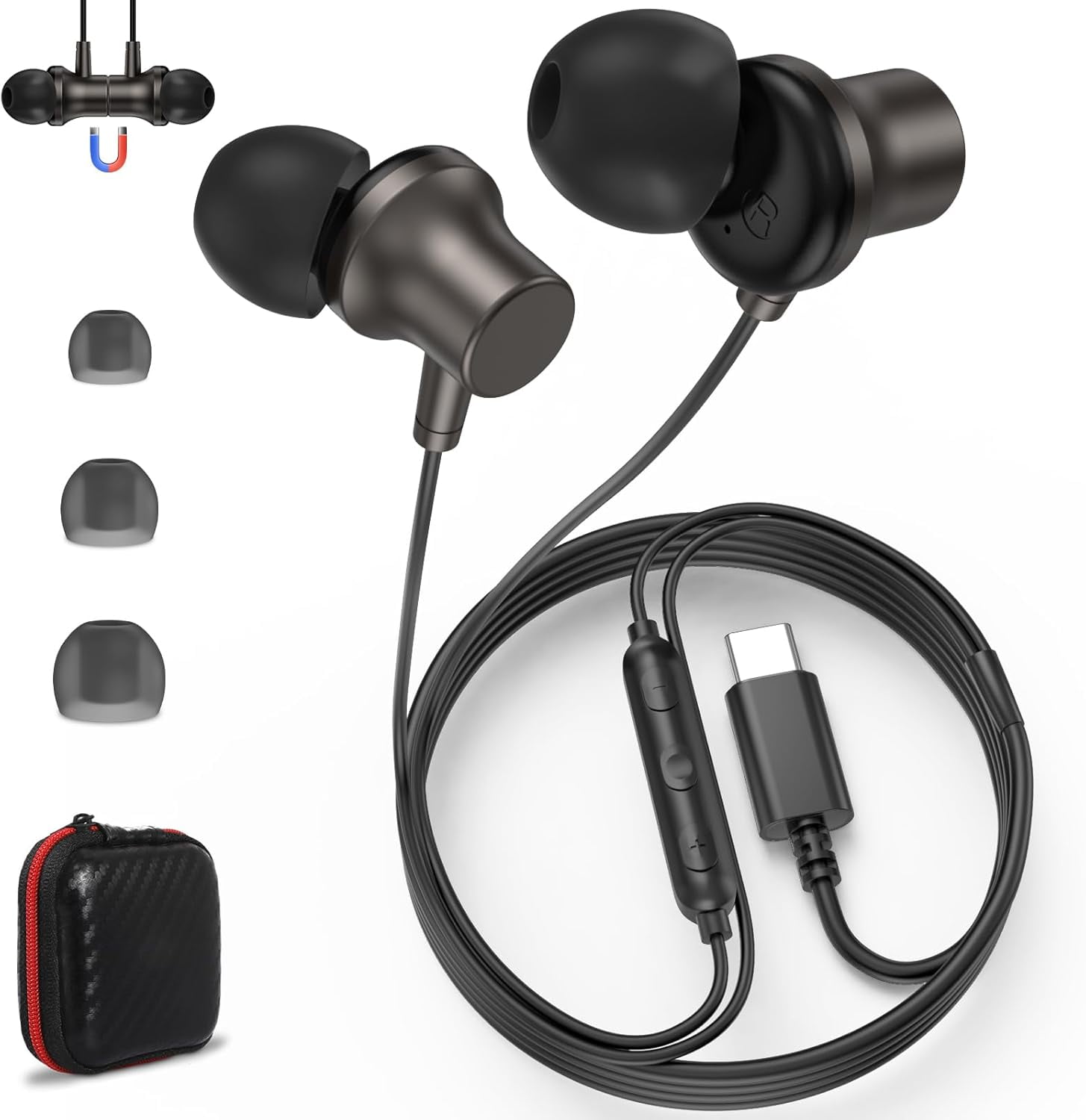 Jiunai Headphones USB C Wired Earbuds Mic in Ear Magnetic S M L Ear Tip ...
