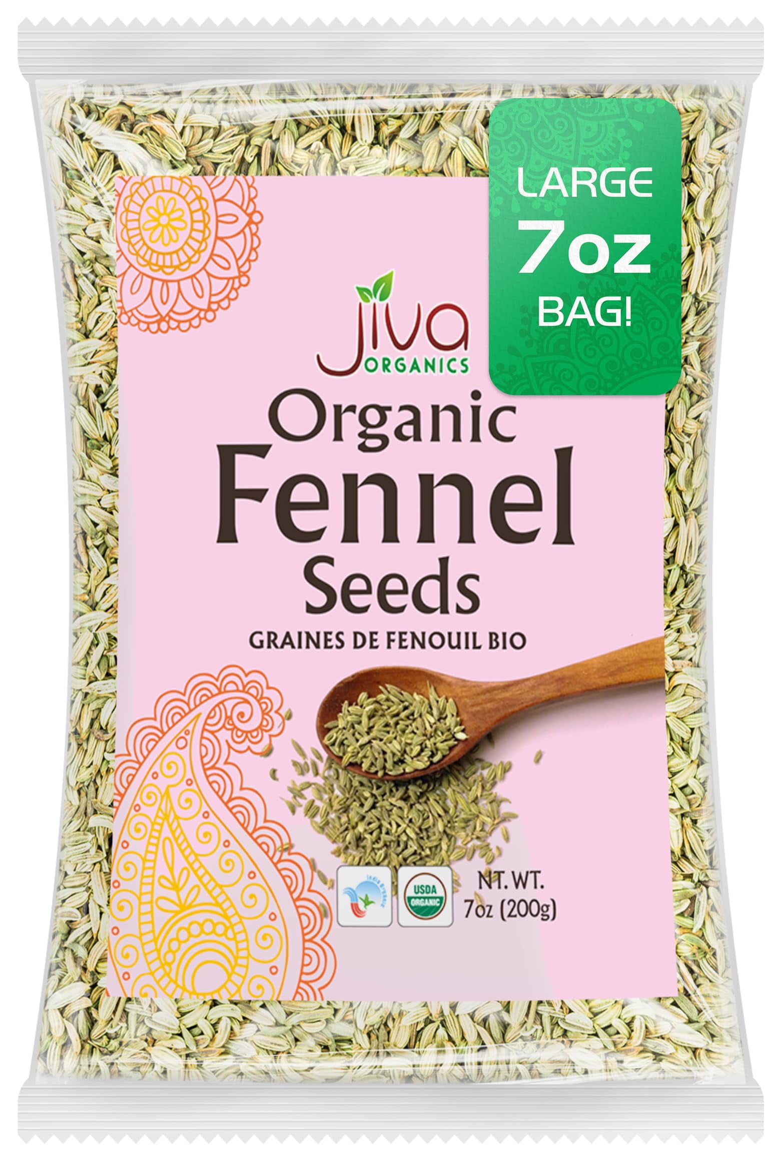 Jiva Organic Fennel Seeds MFF30 7 Oz Bag - Non-GMO, Certified, Vegan - Resealable Bag - Product ...