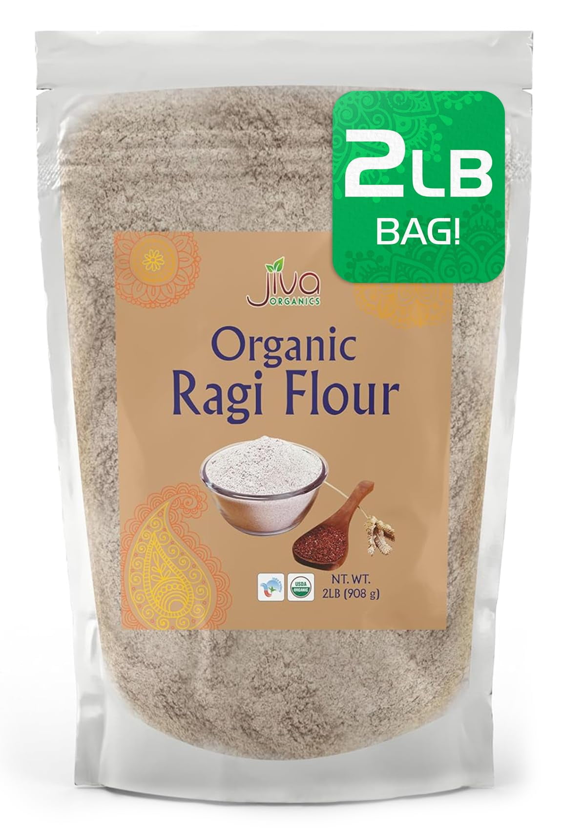 Jiva Organic Ragi Flour DEF29 2 Pound Bag (32 ounce) - Finger Millet ...