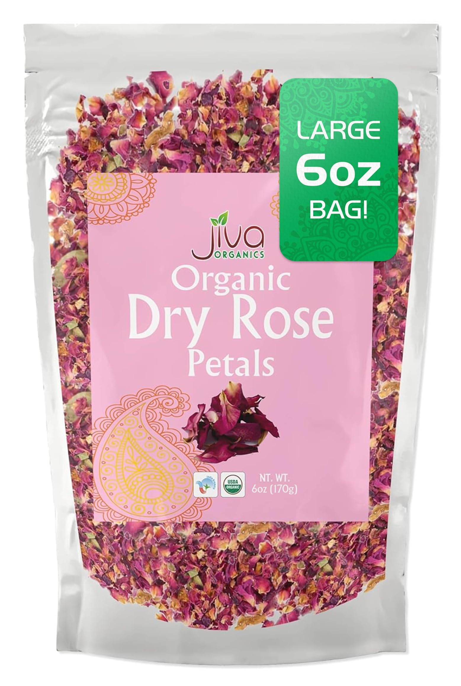 Jiva USDA Organic Dried Red Rose COC1Petals 6 Oz (170g) Large Bag ...