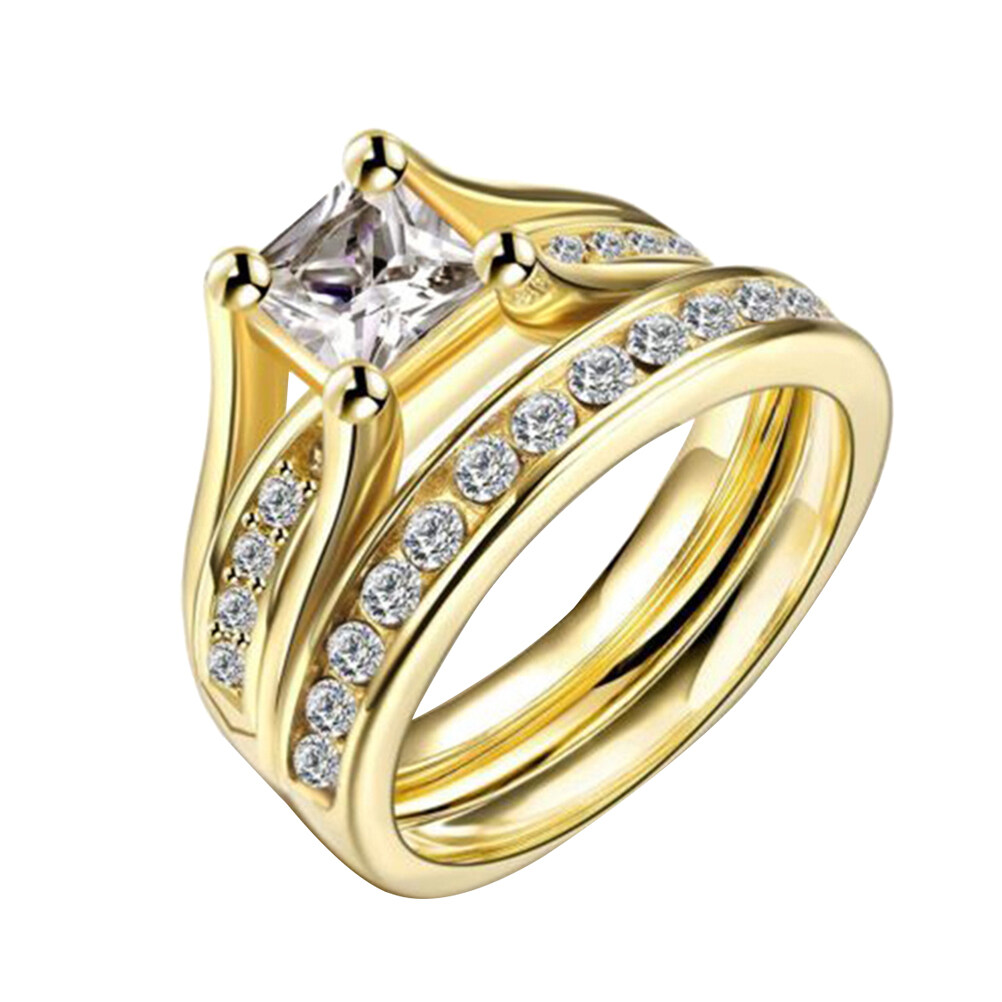 Jiyike Couple Rings Set Crystal Square Cubic Zircon Engagement Wedding Ring - Size 7 (Gold Color ...