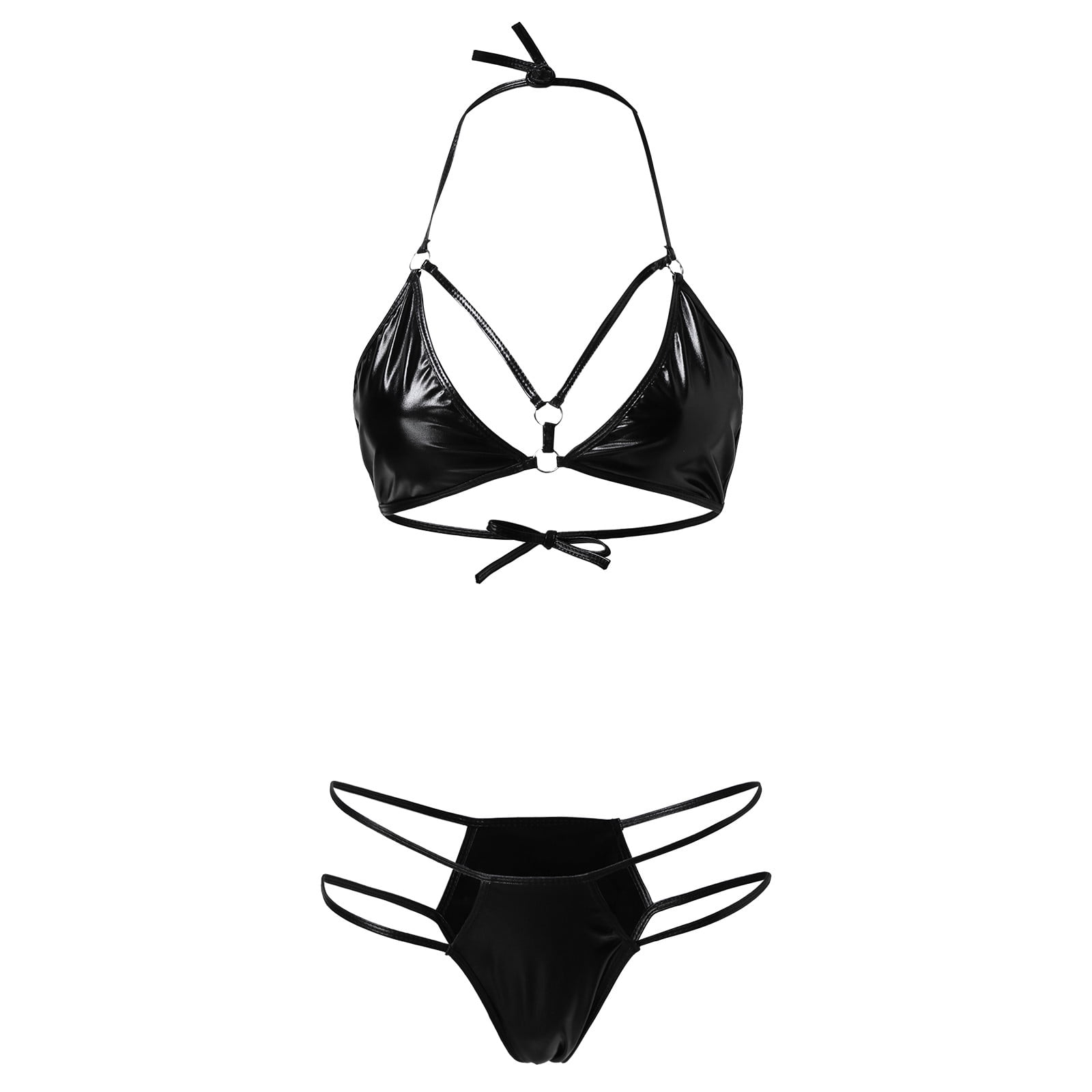 Jiyugala Lingerie For Women Wet Look Leather Bodysuit Mesh Patchwork Halter Neck High Cut