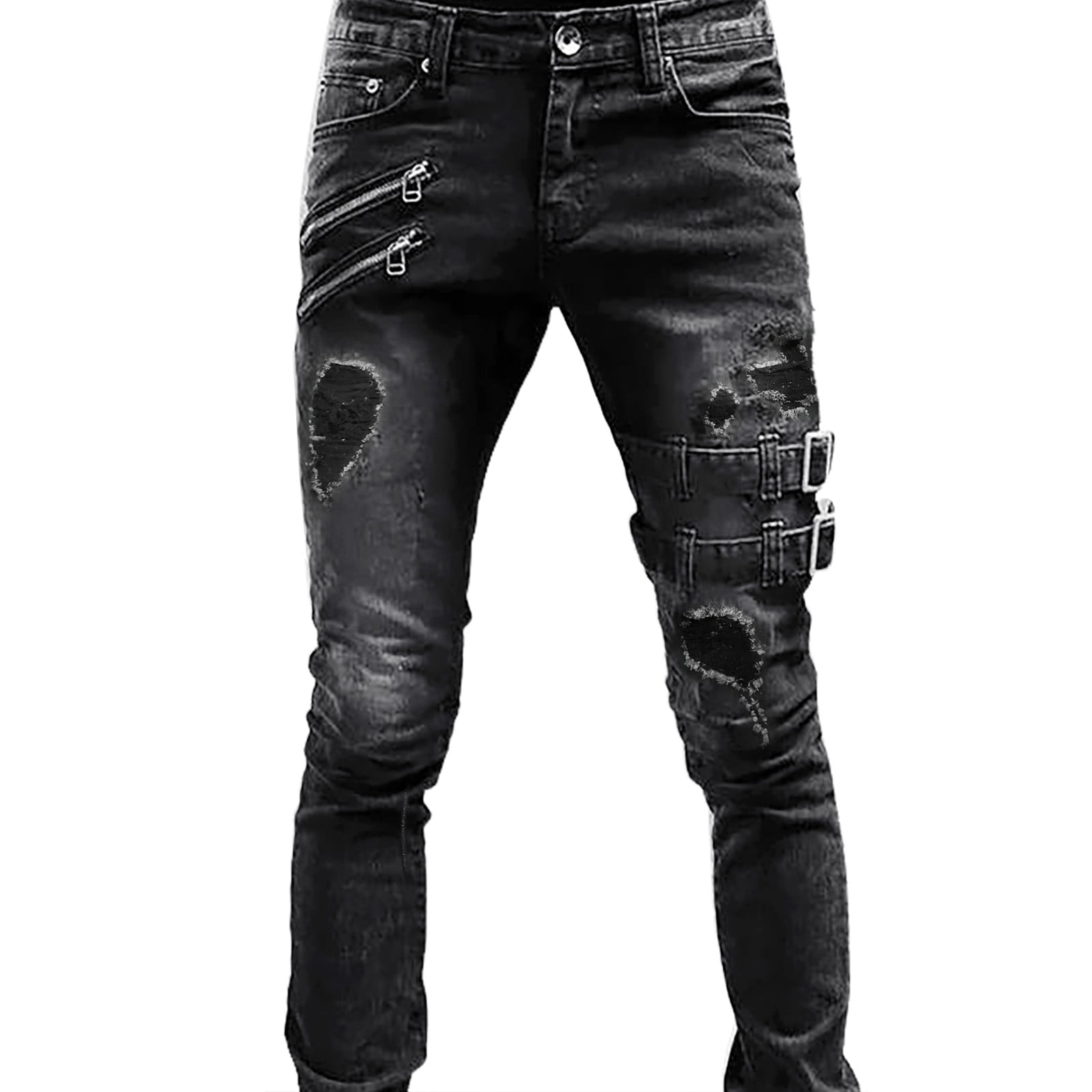 Jiyugala Men's Trousers Casual Straight Mid-rise Slim Fit Ripped Jeans ...