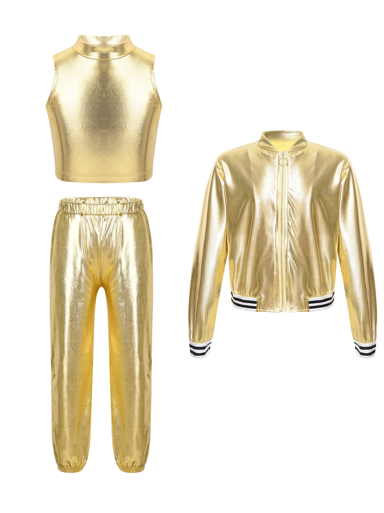 Jizyo Kids Girls Shiny Metallic Dance Outfits Sleeveless Crop Top Long ...