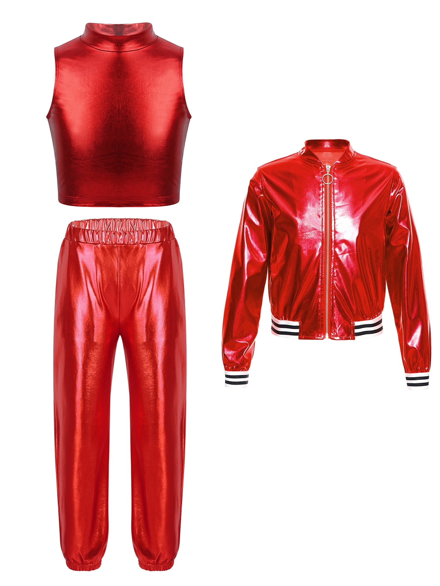 Jizyo Kids Girls Shiny Metallic Dance Outfits Sleeveless Crop Top Long ...