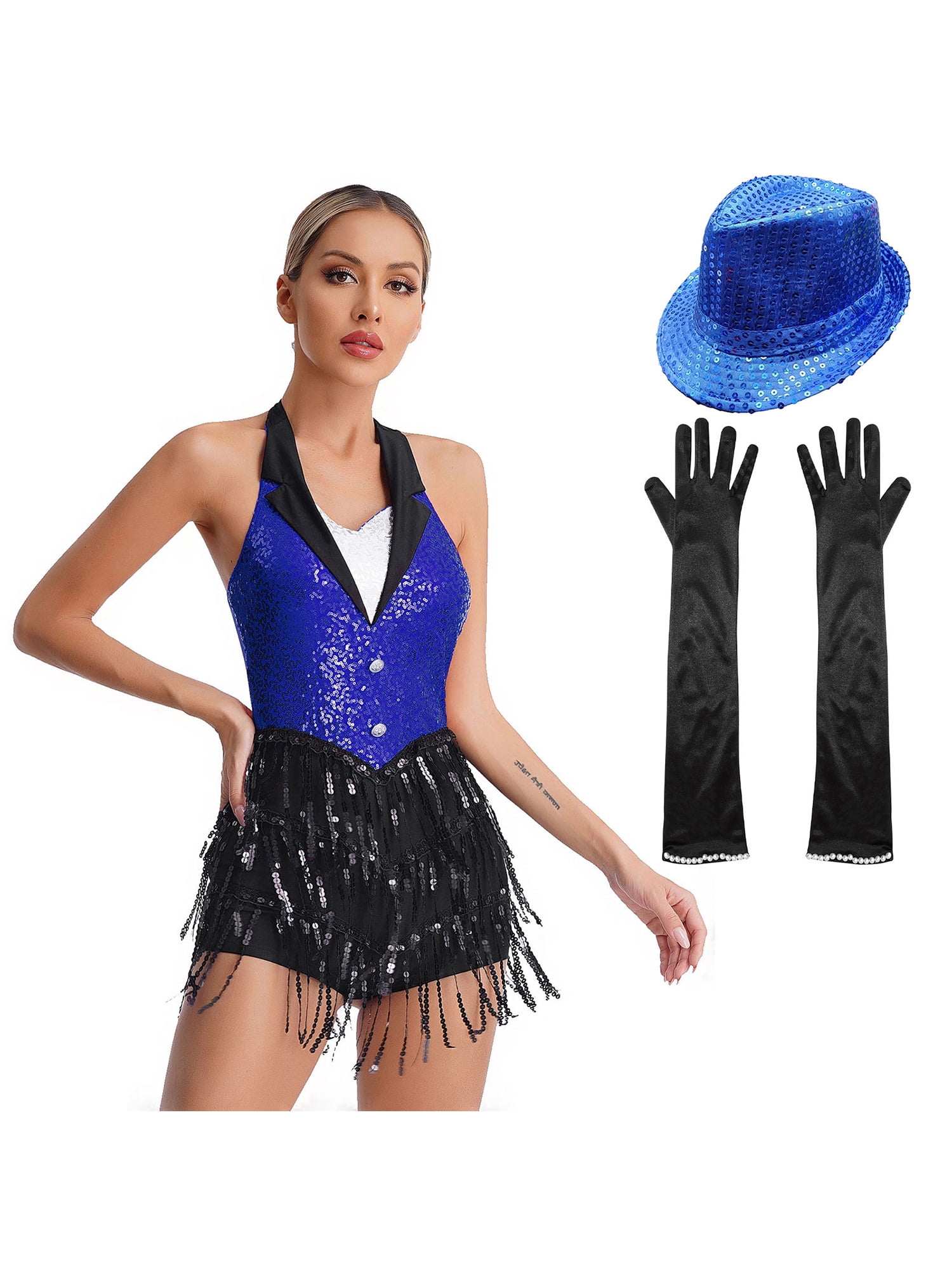 Jizyo Women's Sparkly Sequins Tassel Latin Dance Dress Leotard Modern ...