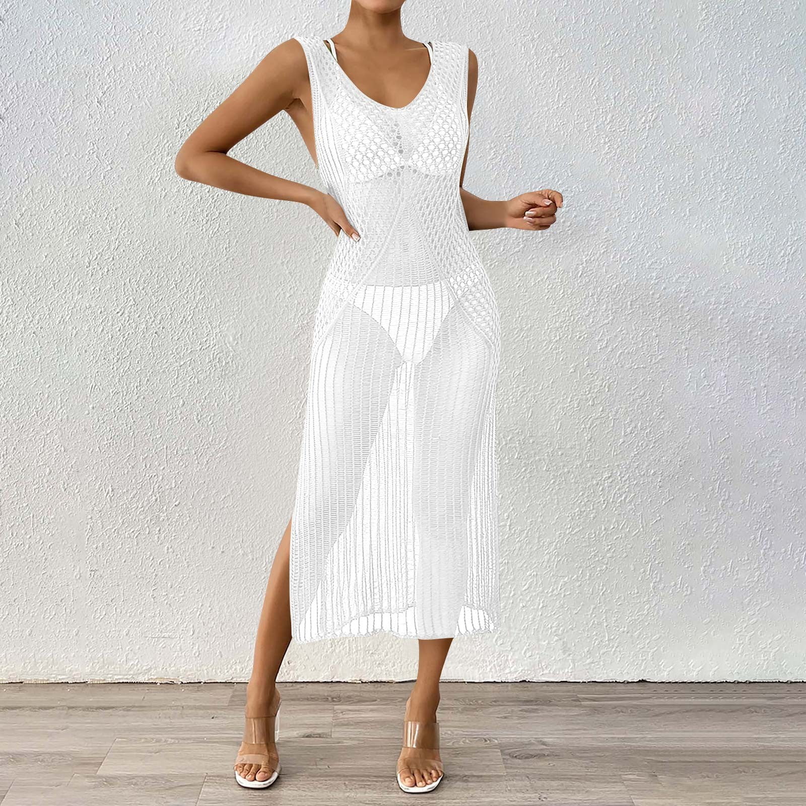 Jjayotai Women Crochet Swimsuit Cover Up, Sleeveless Hollow Out Long ...