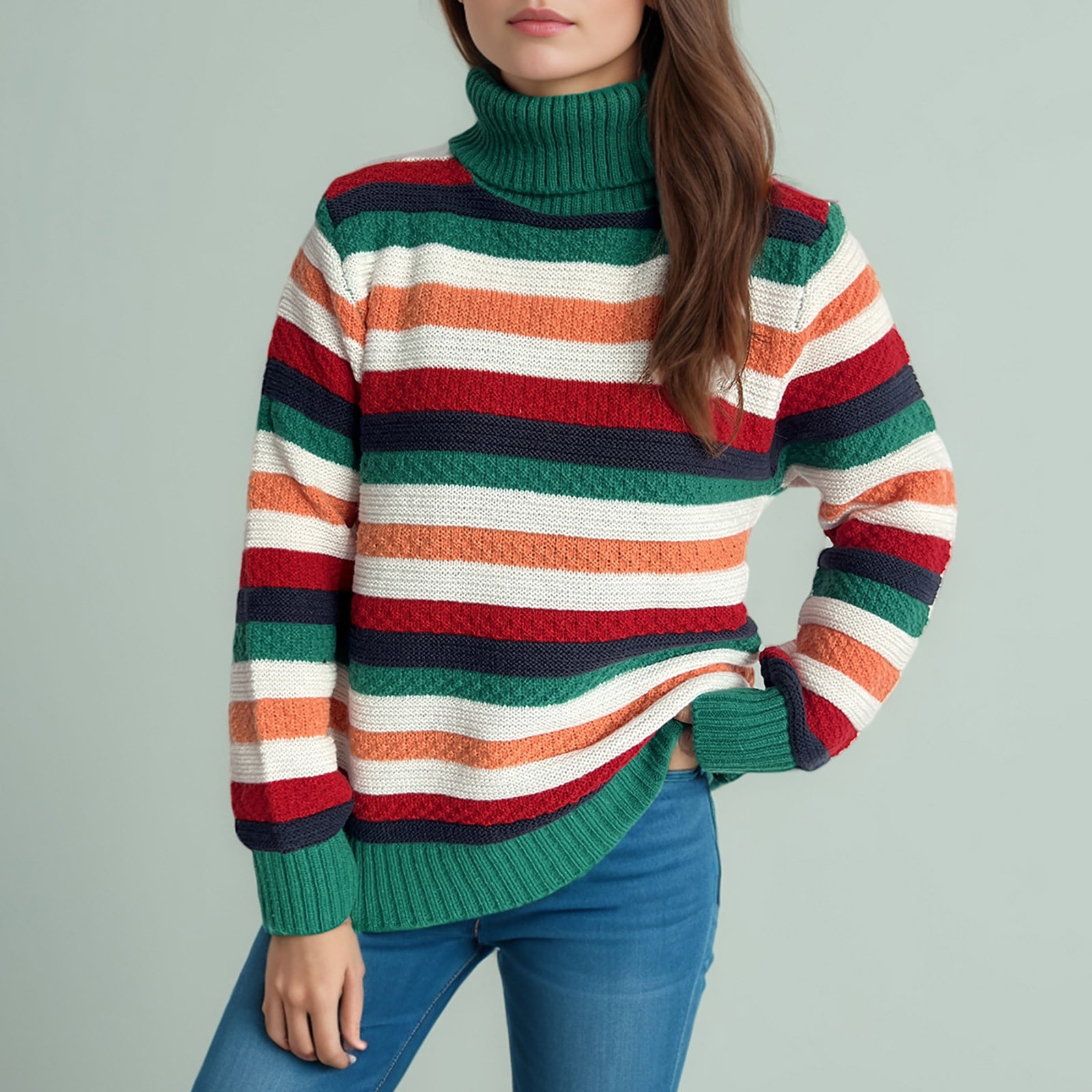 Jjayotai Women Striped Color Block Sweaters Clearance, Mock Neck Long ...